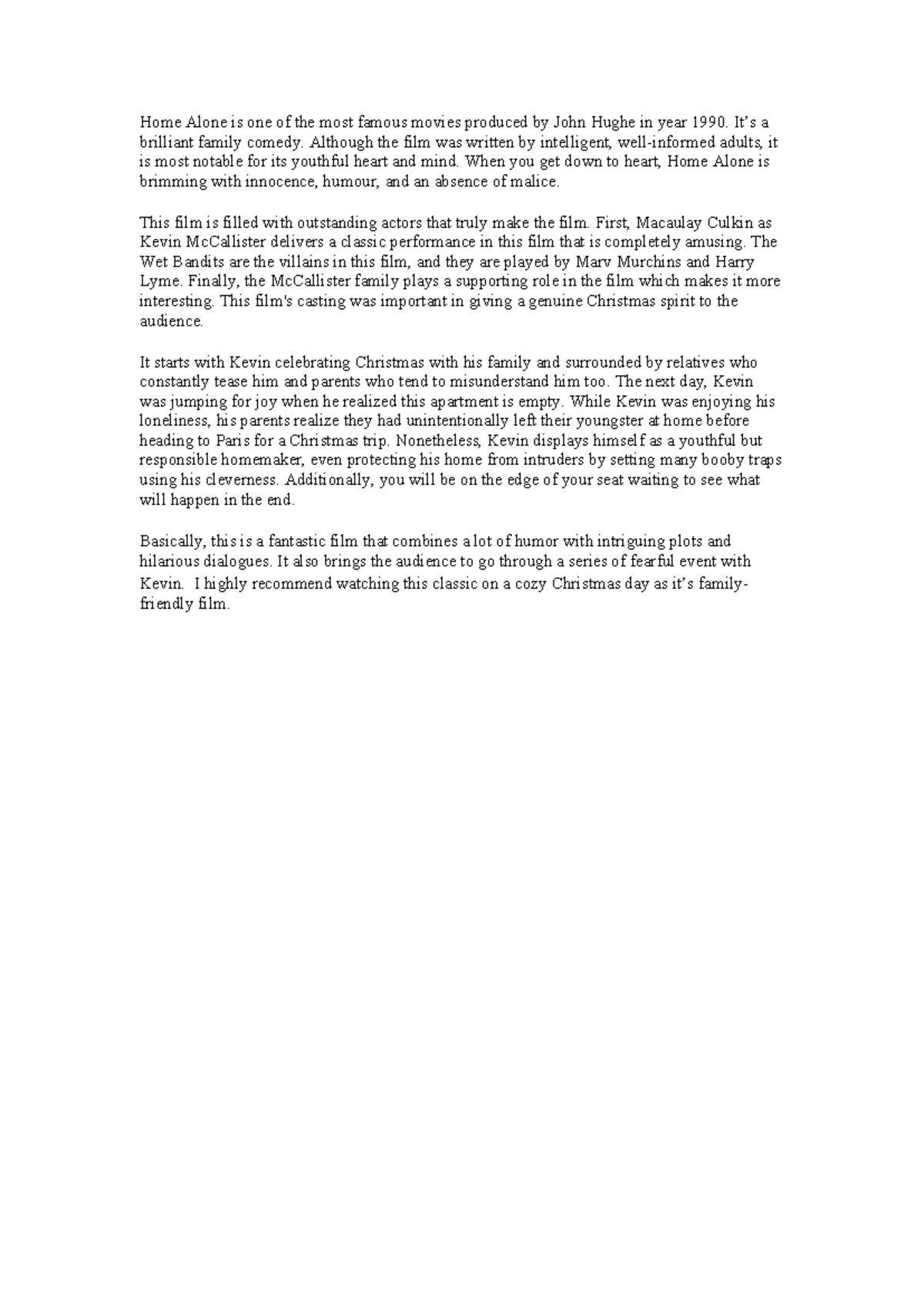 Home Alone (1990) - Essay Movie Review on Family Comedy Classic - Studocu
