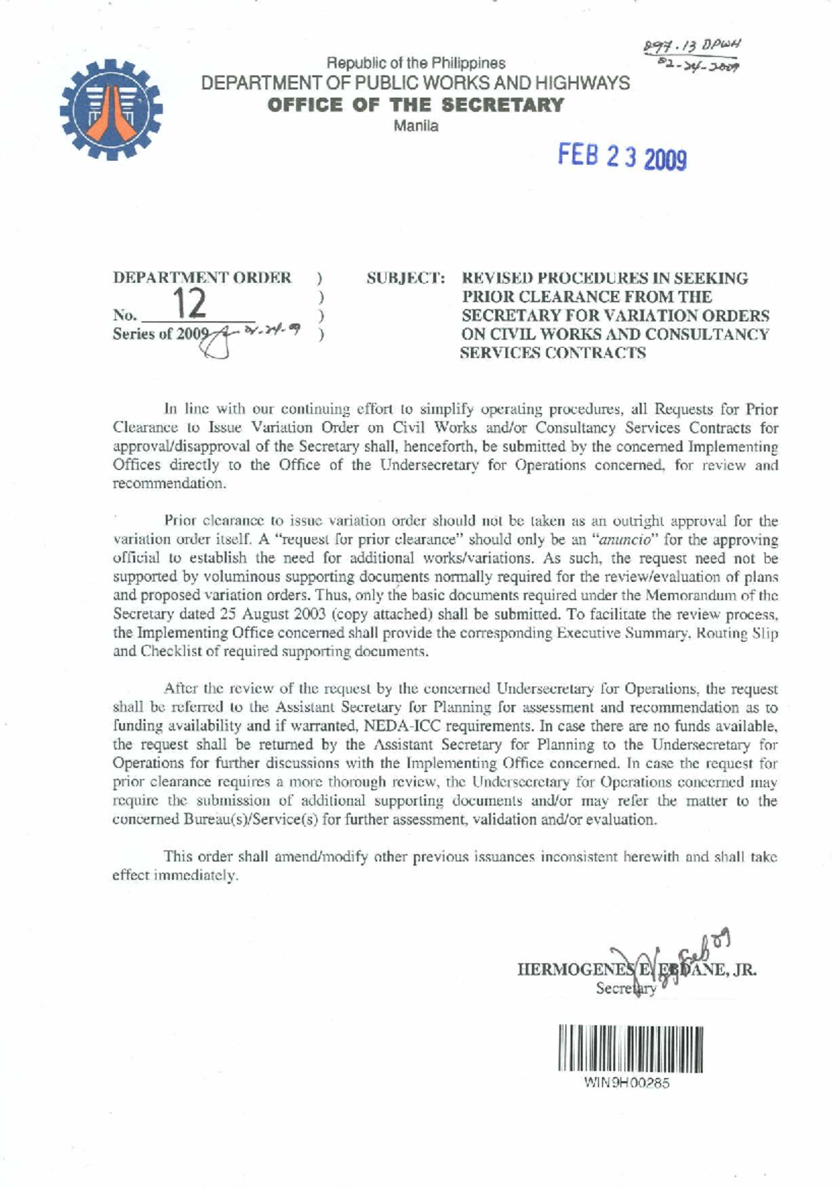 DO 012 S2009 - Revised Procedures for Prior Clearance on Variation ...