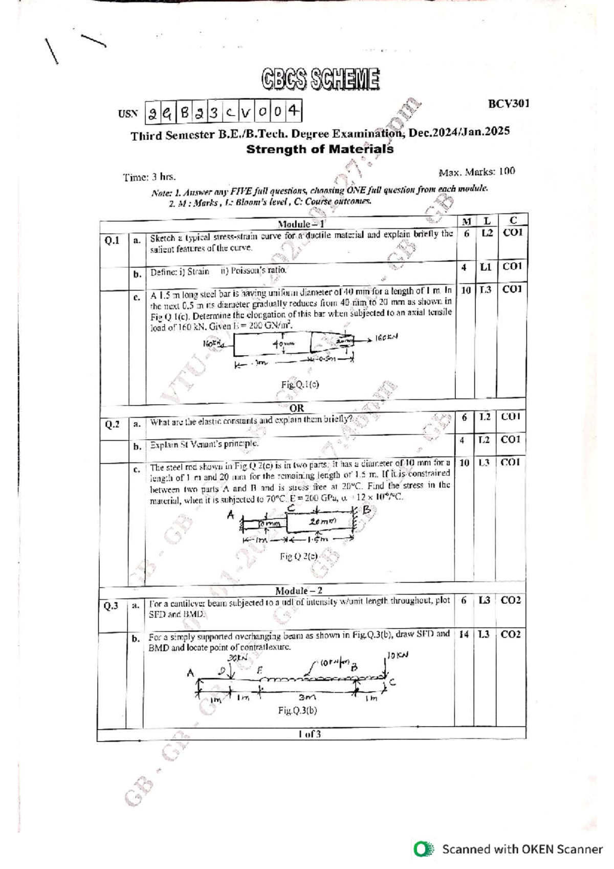 Strength of Materials Exam Paper (BCV301) - Third Semester - Studocu