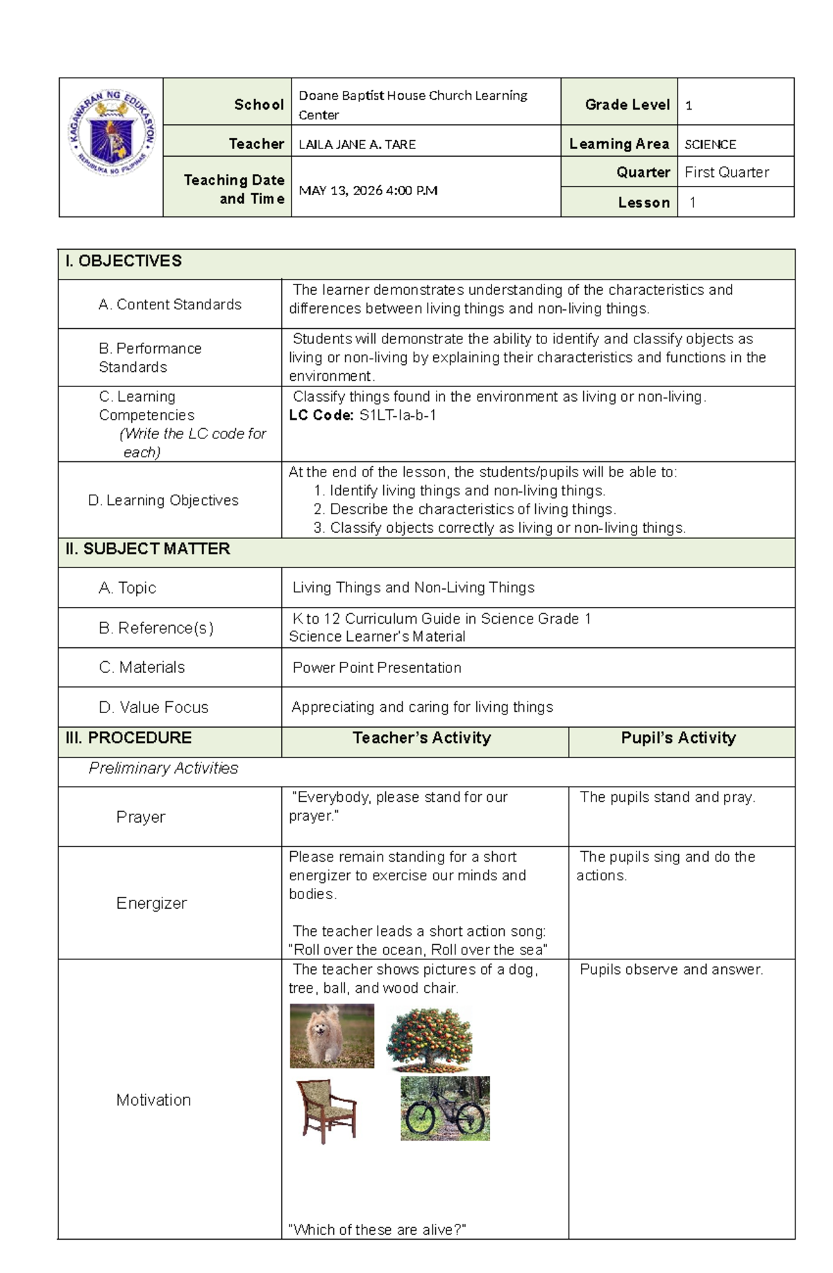 Sample Lesson Plan: Science Grade 1 - Living Things vs. Non-Living ...