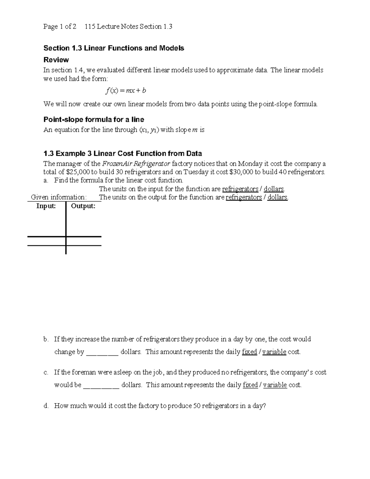 MATH 115 Lecture Notes: Linear Functions & Cost Models Review - Studocu