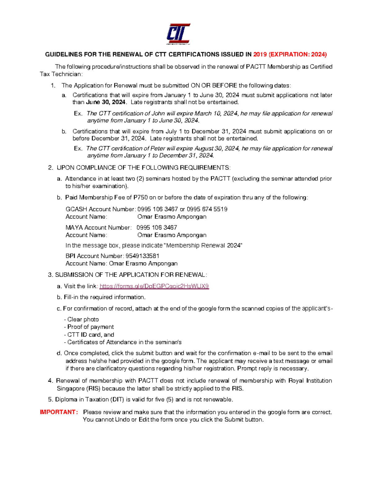 CTT Certification Renewal Guidelines 2019 - Expiration 2024 - Studocu