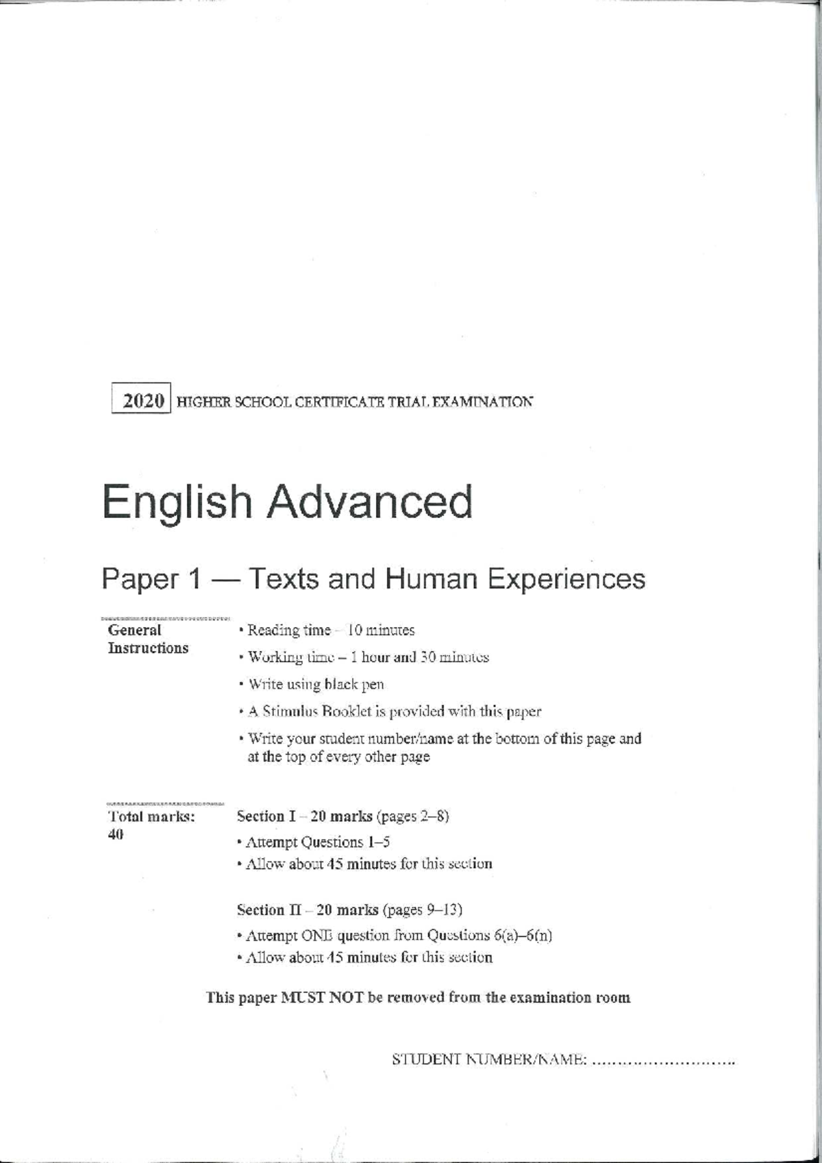 2020 HSC Trial Exam: English Advanced Paper 1 - Texts & Human ...