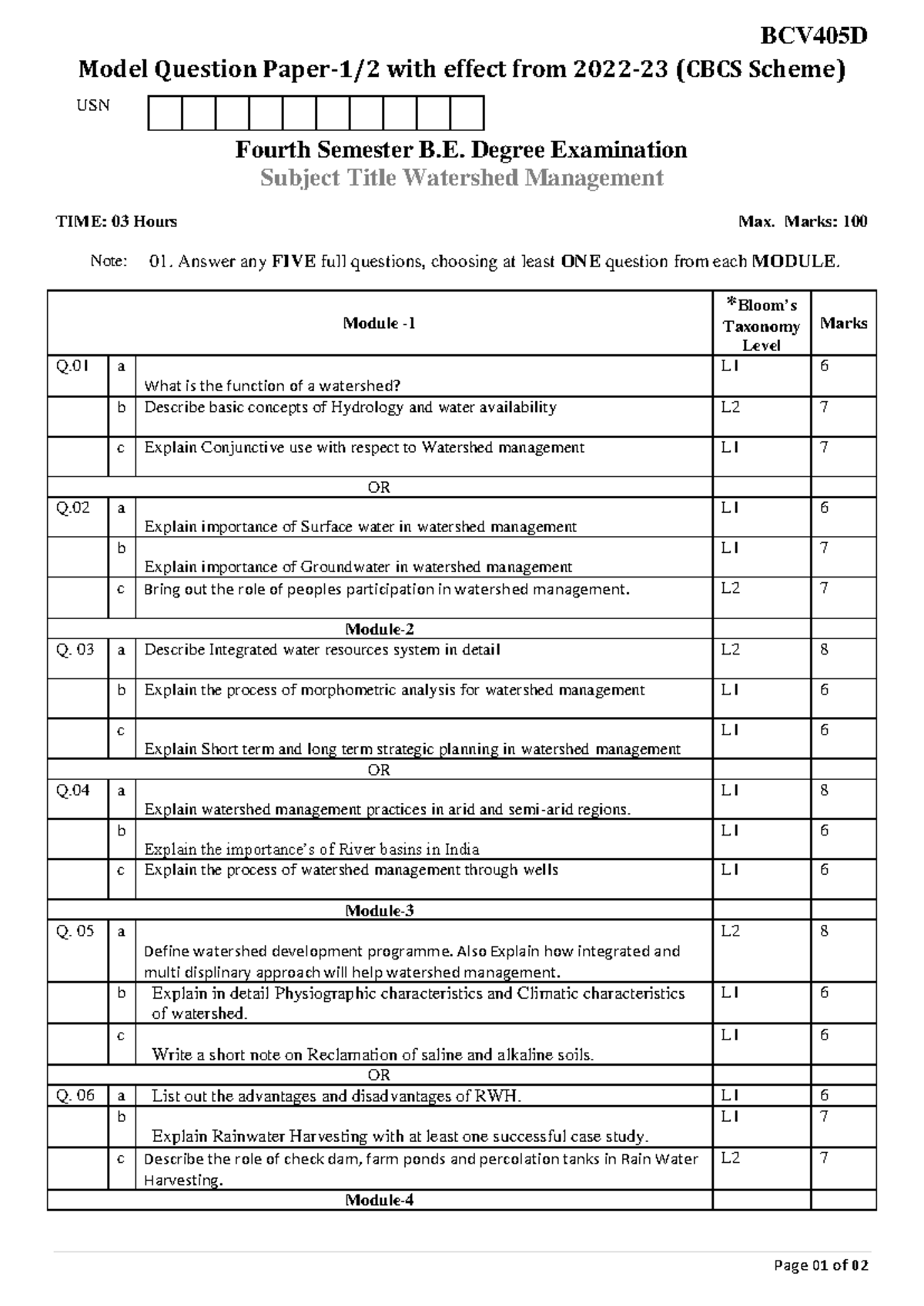 BCV405D - Model Questions for Watershed Management Exam - Studocu