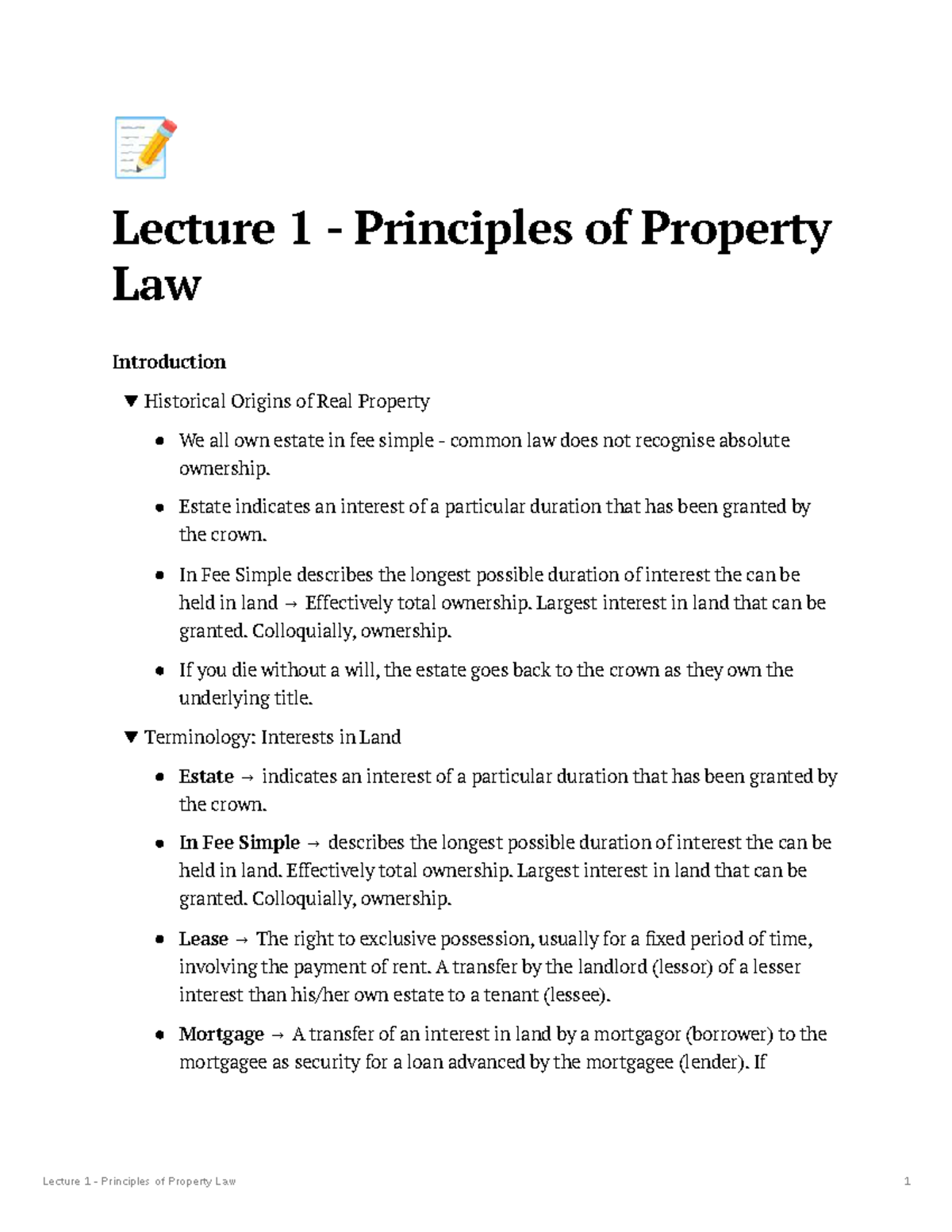 Lecture 1: Principles of Property Law - Historical Origins and Key ...