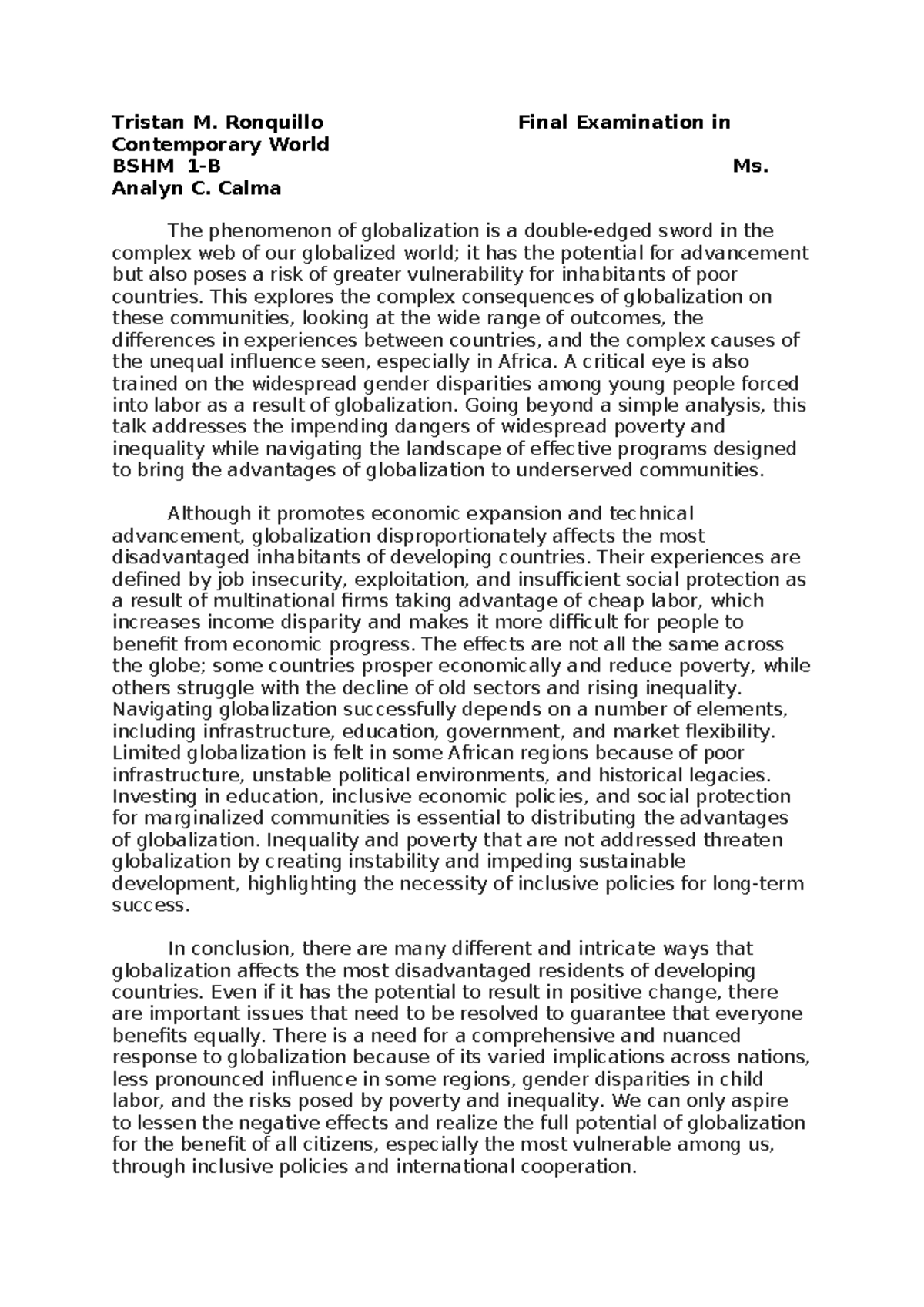 BSHM 101 Final Exam: Globalization's Impact on Developing Nations - Studocu