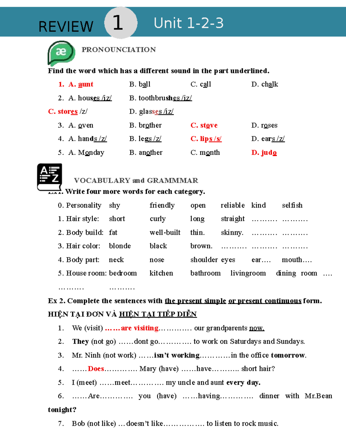 Review Unit 1 3 Pronunciation Vocabulary Exercises Studocu