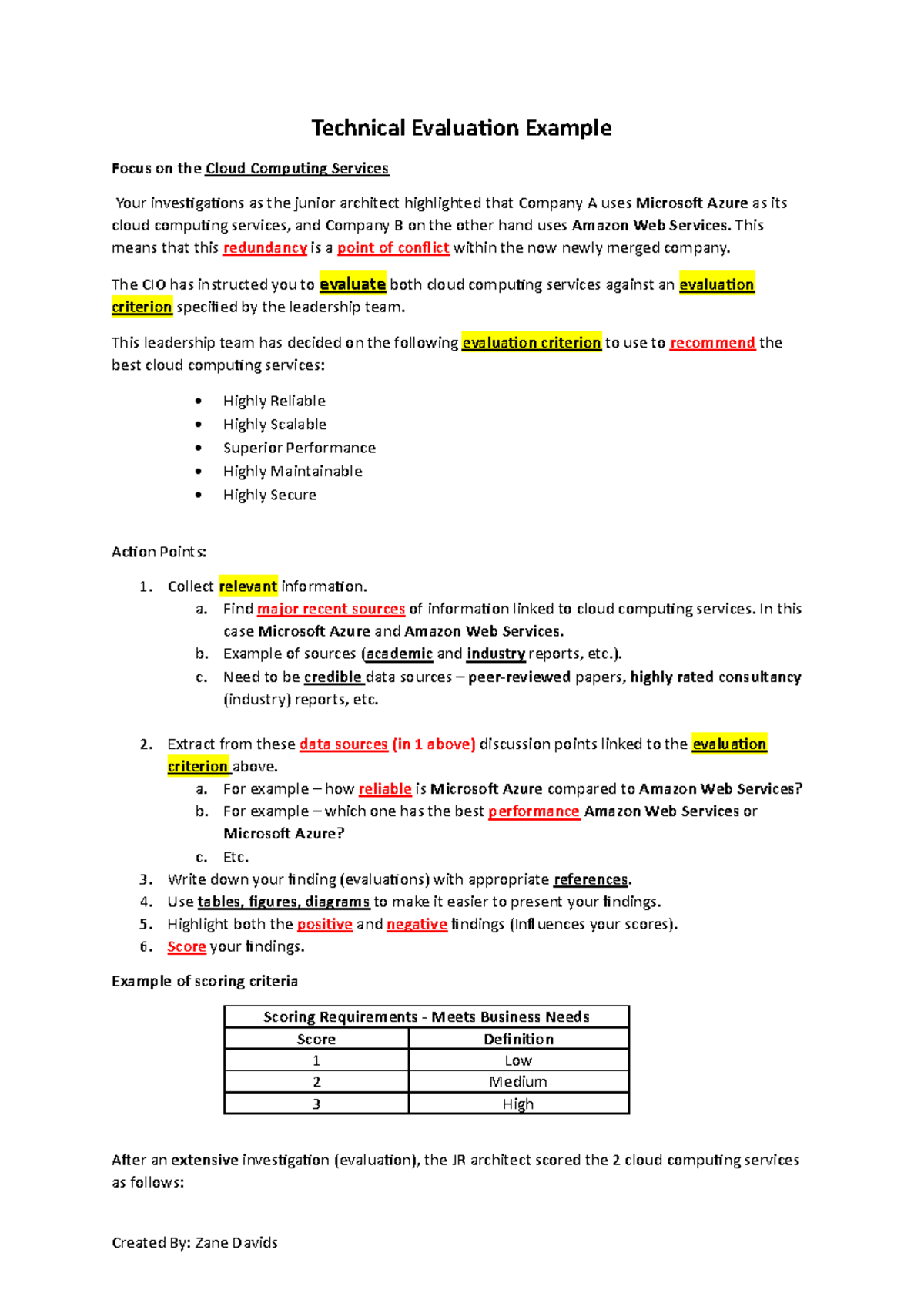 Technical Evaluation Example: Cloud Services Comparison (CSE 101) - Studocu