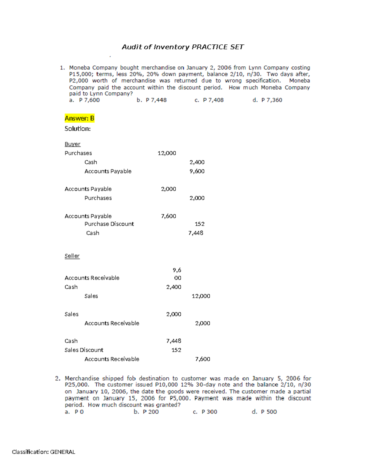 Inventory Audit Practice Set Solutions for ACC101 - Studocu