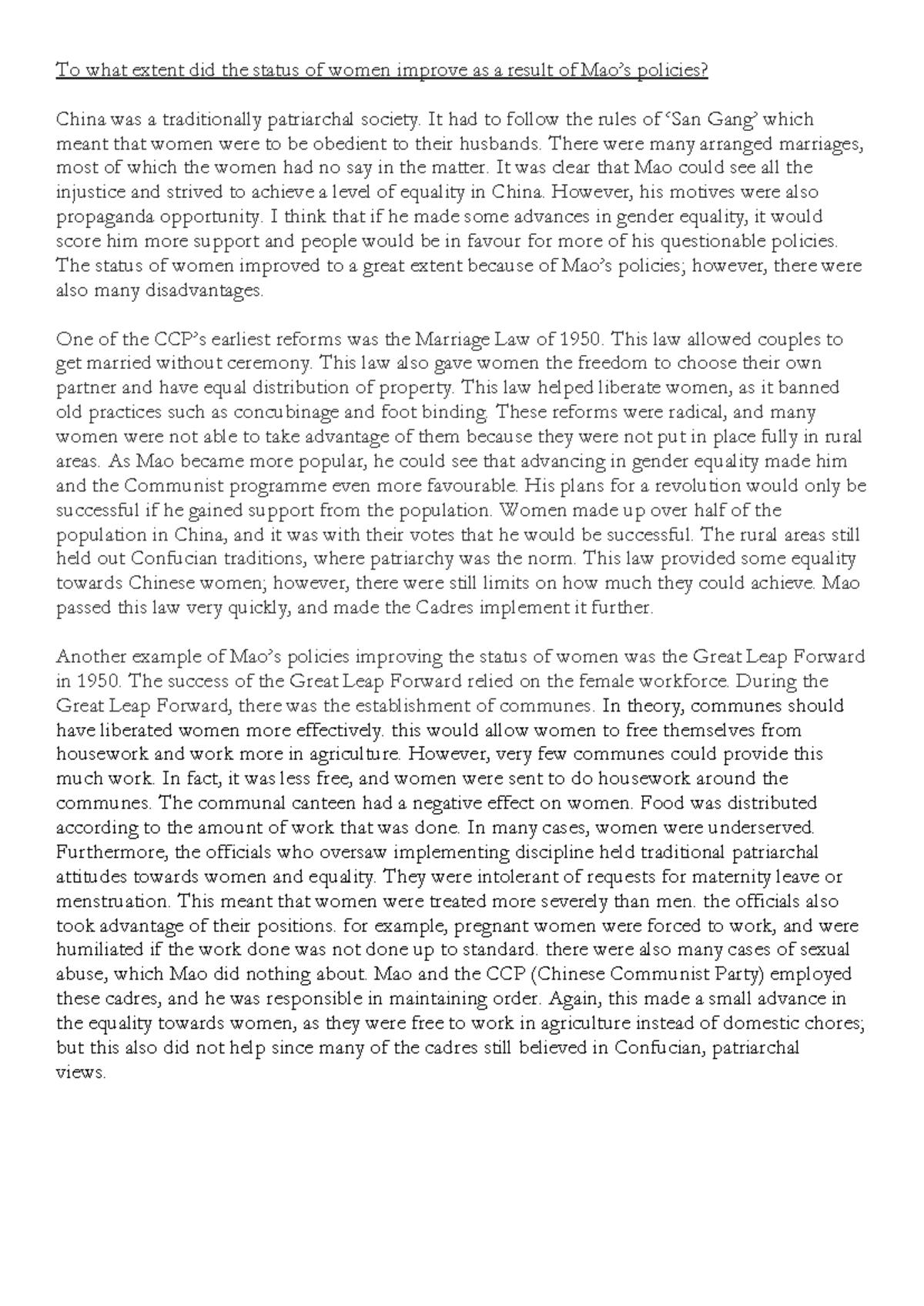 Mao Essay - Women - To what extent did the status of women improve as a ...