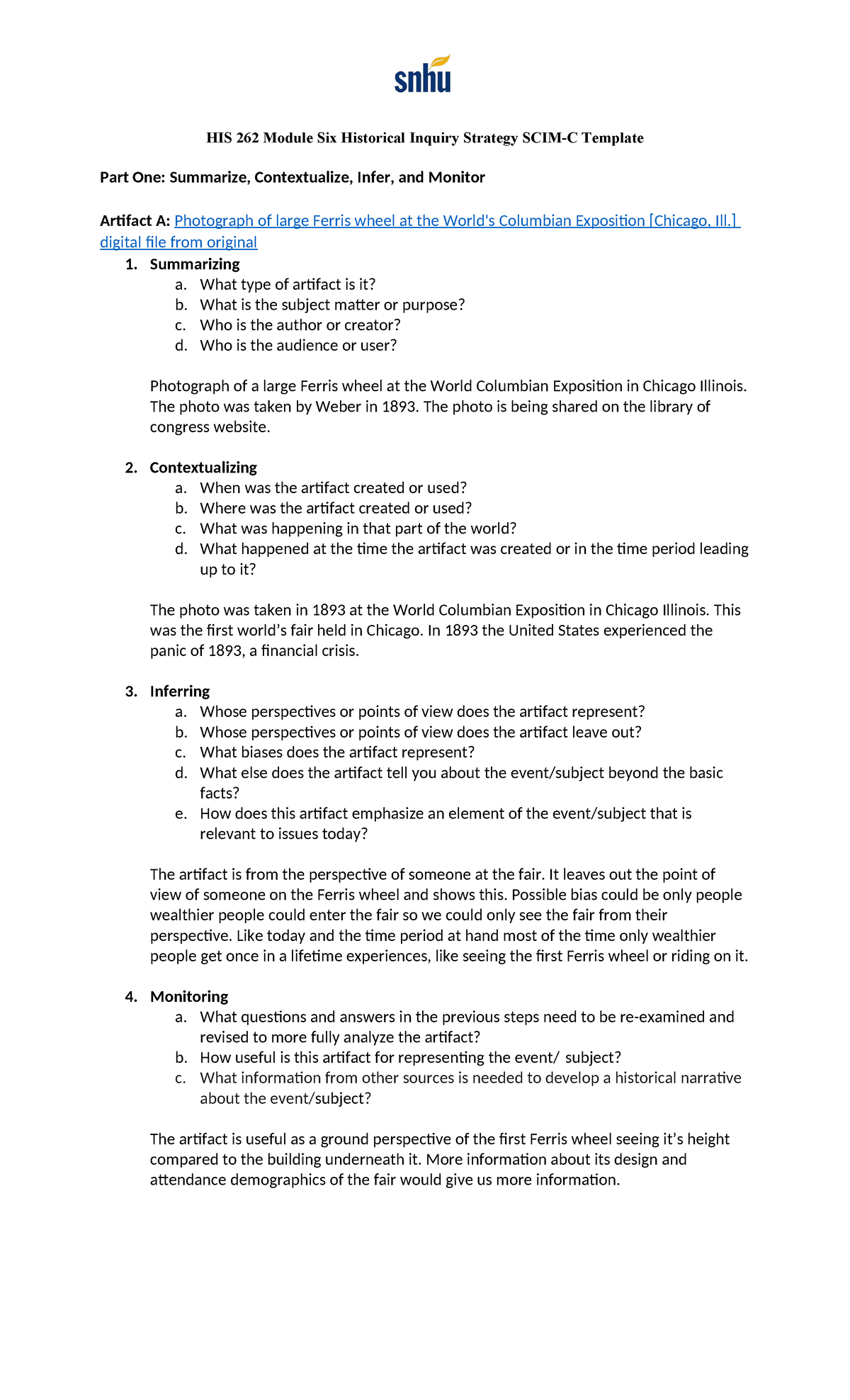 HIS 262 Module Six Historical Inquiry Strategy SCIM-C Analysis Guide ...