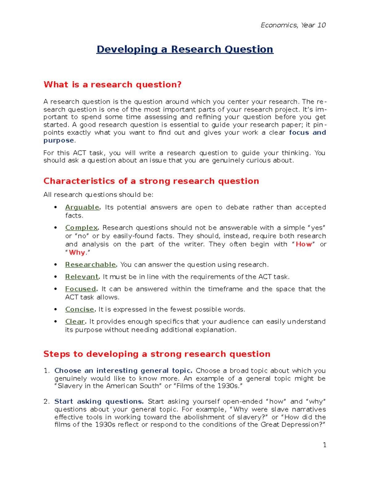 Research Questions - hhhh - Economics, Year 10 Developing a Research ...