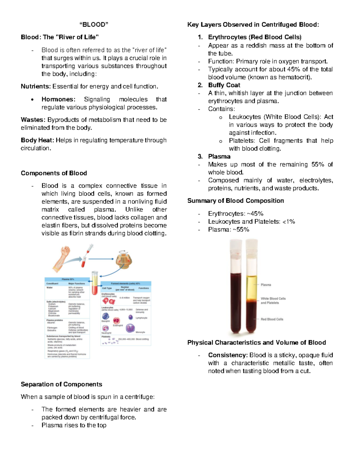 Blood Notes: Composition, Functions, and Clinical Significance (BIO101 ...
