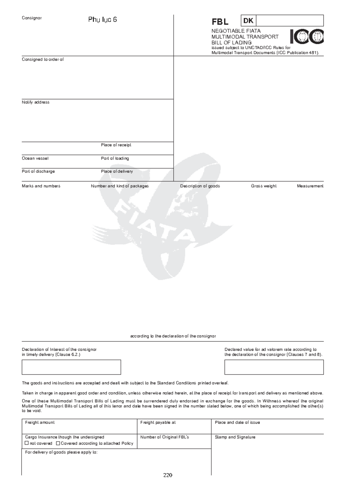 FBL sampleeeeeeee - Consignor Phụ lục 6 Consigned to order of Notify ...