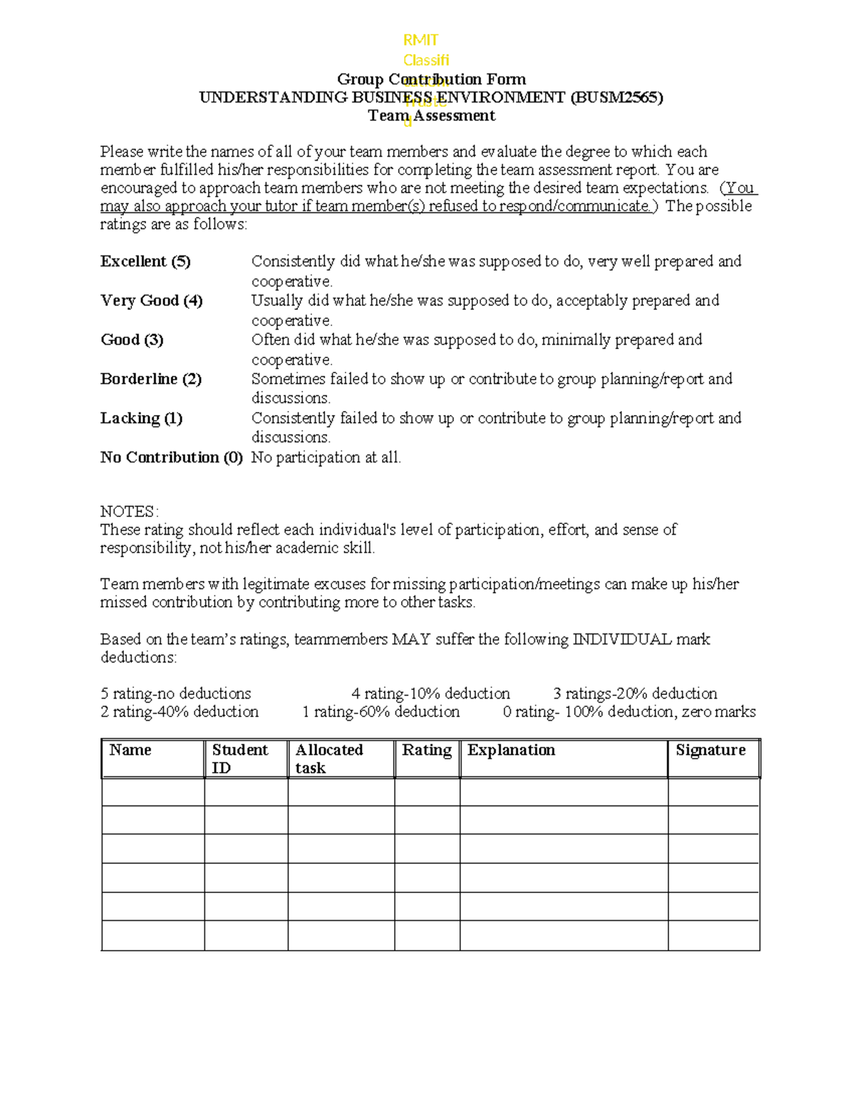 BUSM2565 Team Assessment: Group Contribution Evaluation Form - Studocu