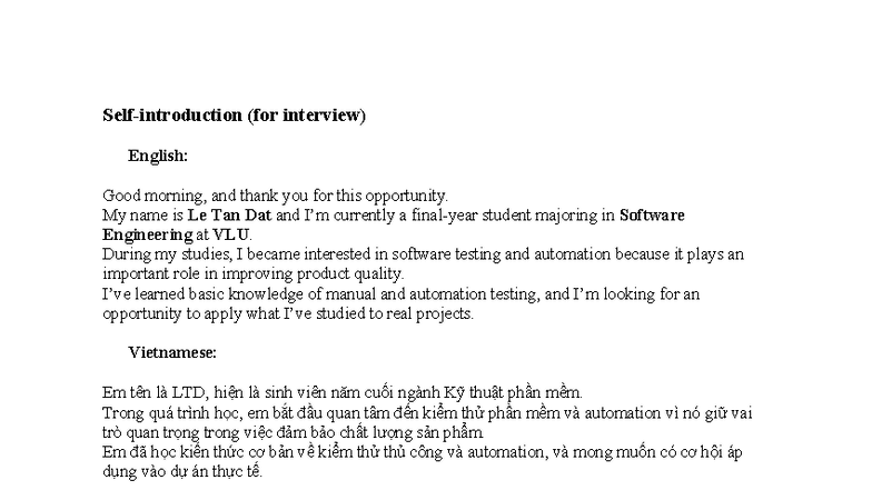 Self-Introduction for Software Engineering Interview (SE 101) - Studocu