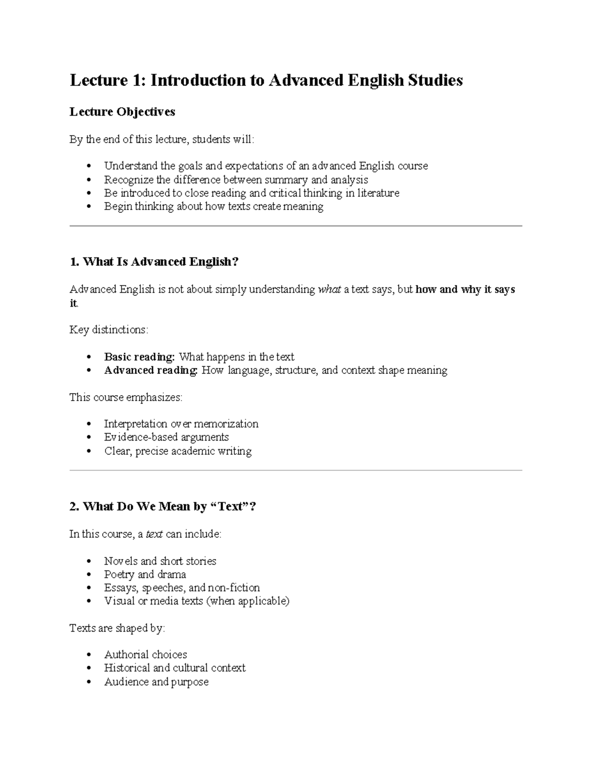 Lecture 1: Intro to Advanced English Studies & Objectives - Studocu