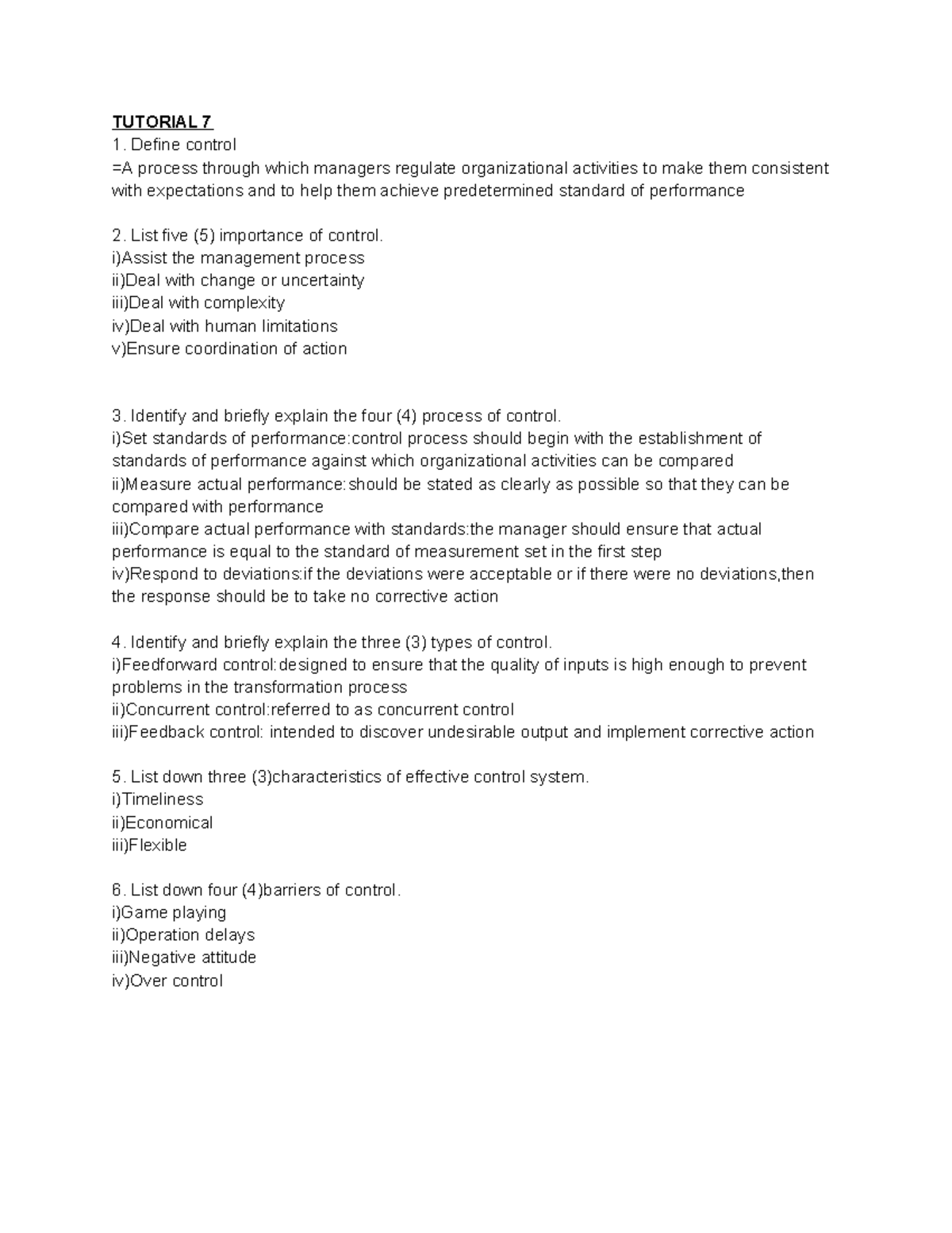 MGT162 - Tutorial 7: Understanding Control Processes and Their ...