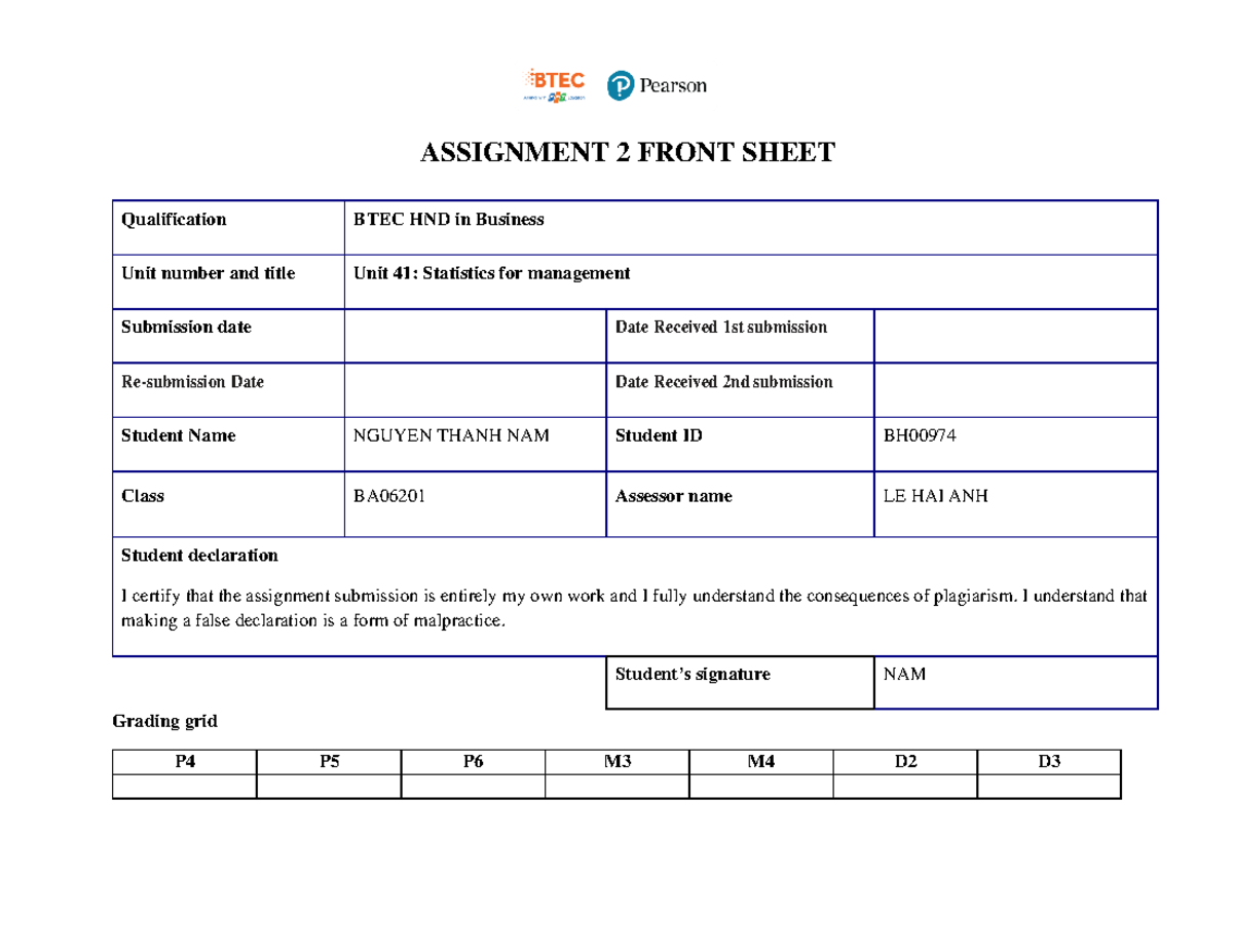 Nguyen Thanh NAM - BH00974-ASM2-570-1ST - ASSIGNMENT 2 FRONT SHEET Qualification BTEC HND in ...