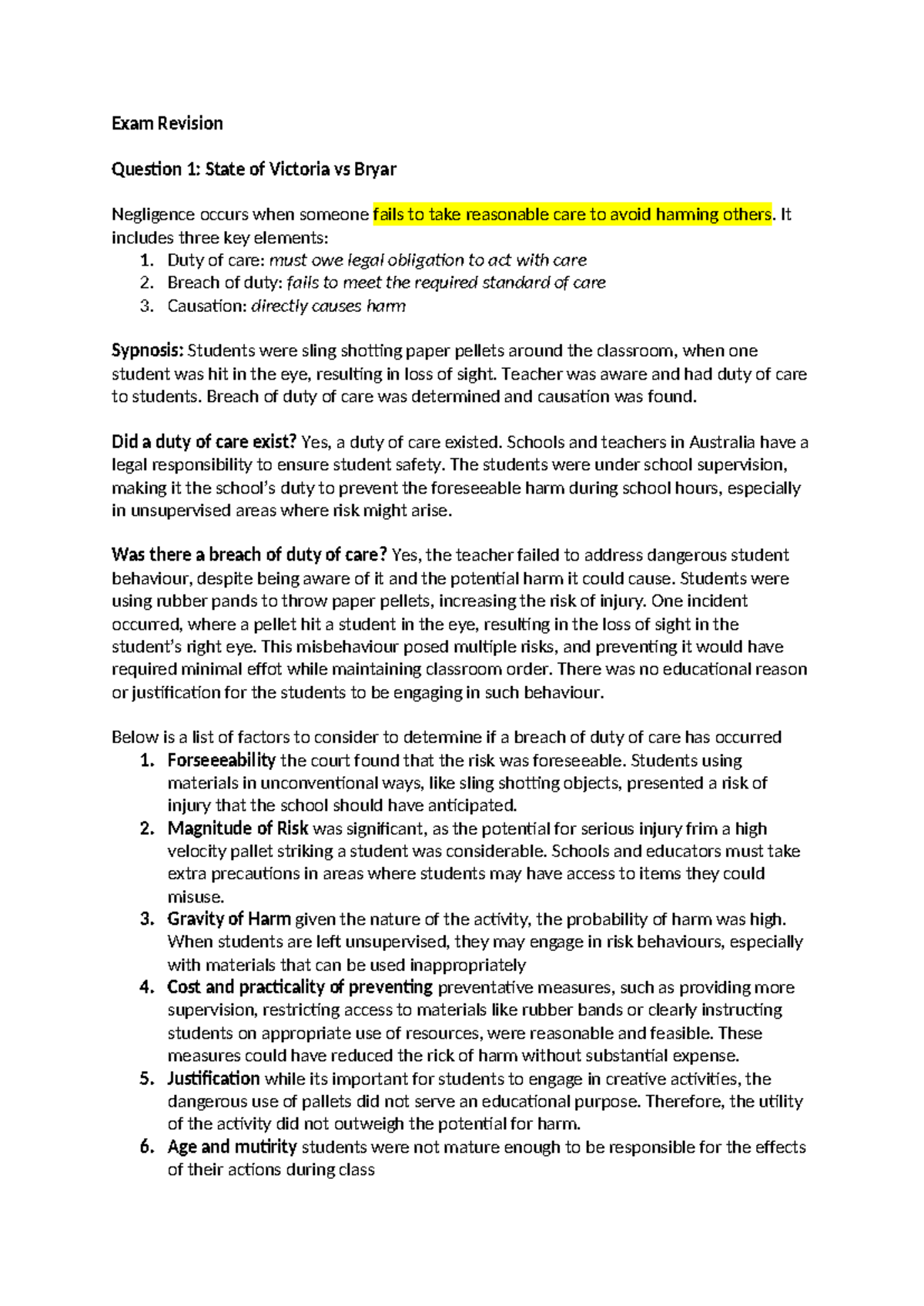 VIC Law Case Study: Examining Negligence in Bryar Incident - Studocu
