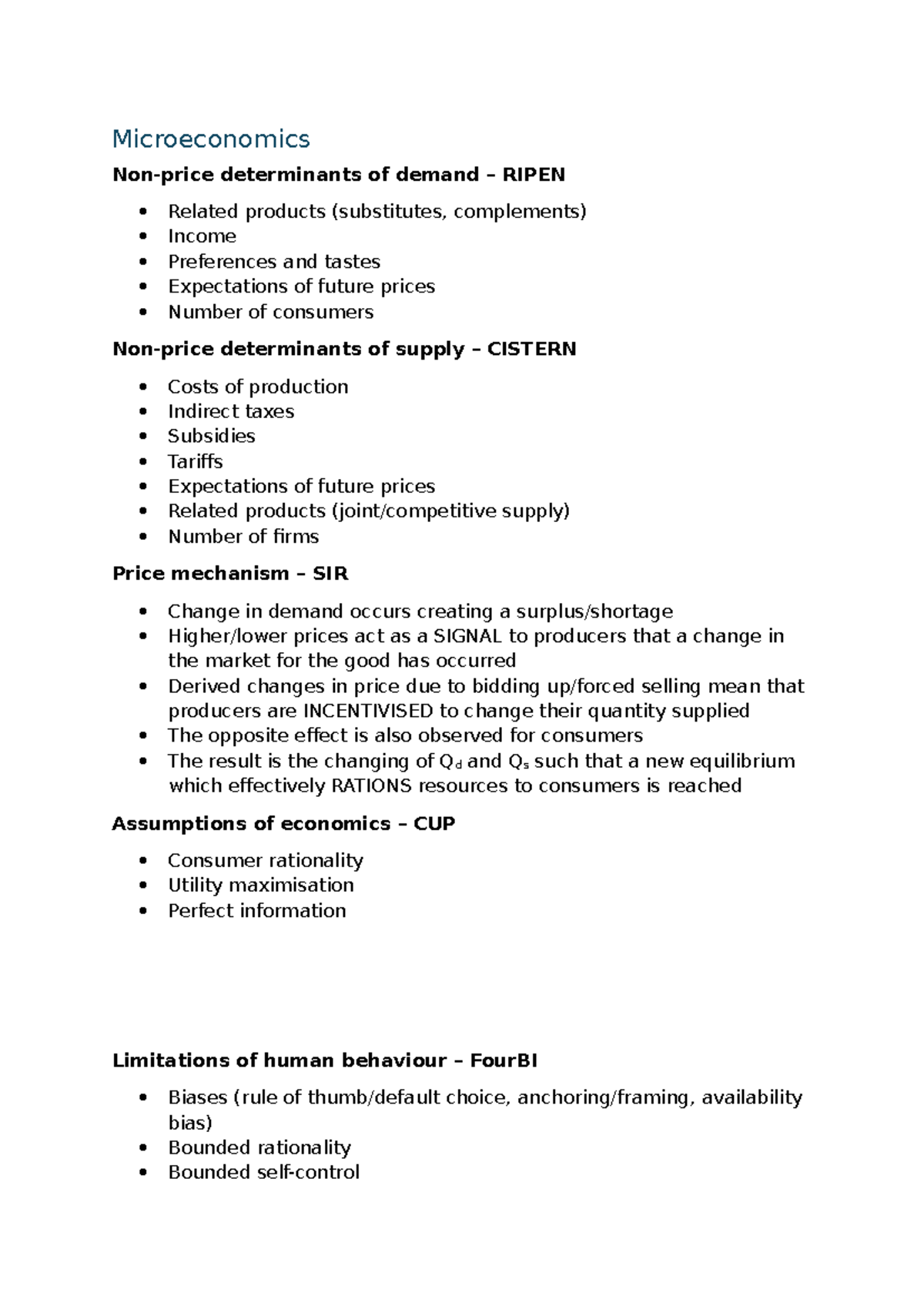 Microeconomics Summary Notes (ECO 101) - Demand & Supply Factors - Studocu