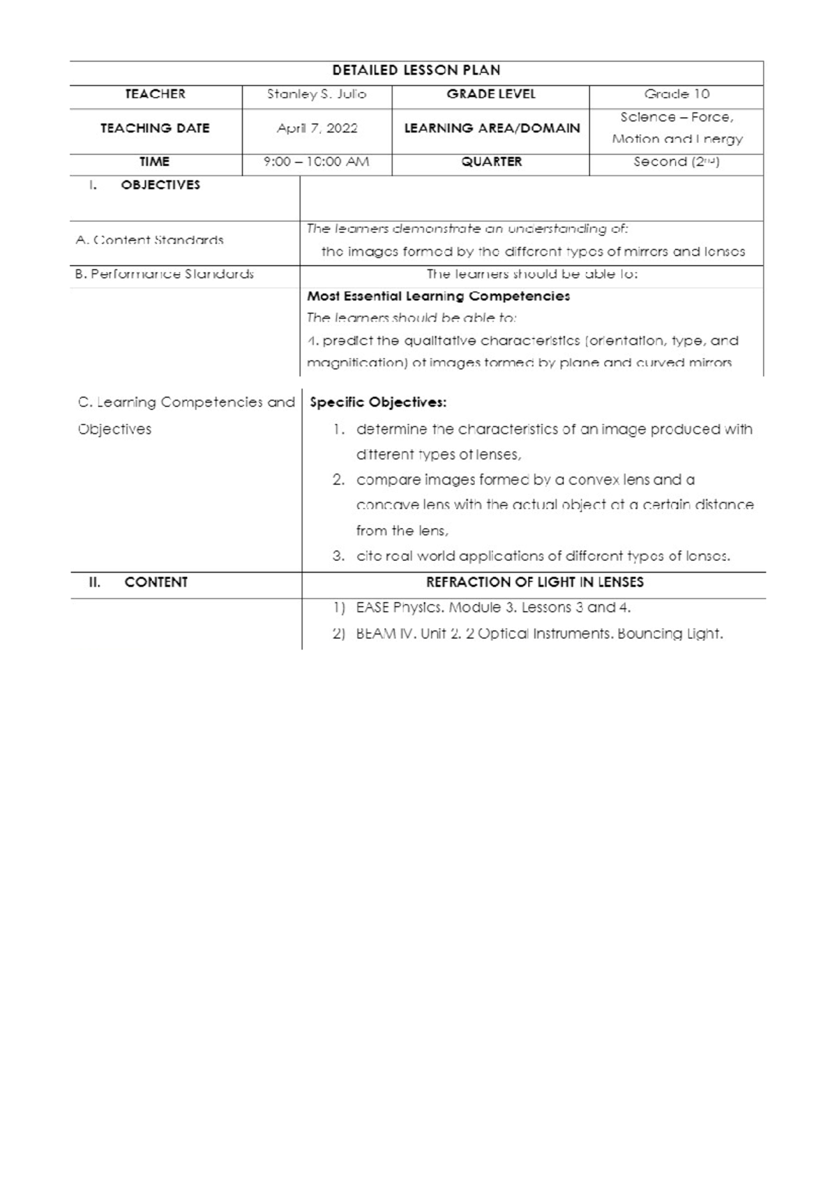 Grade 10 Science Lesson Plan: Refraction of Light in Lenses - Studocu
