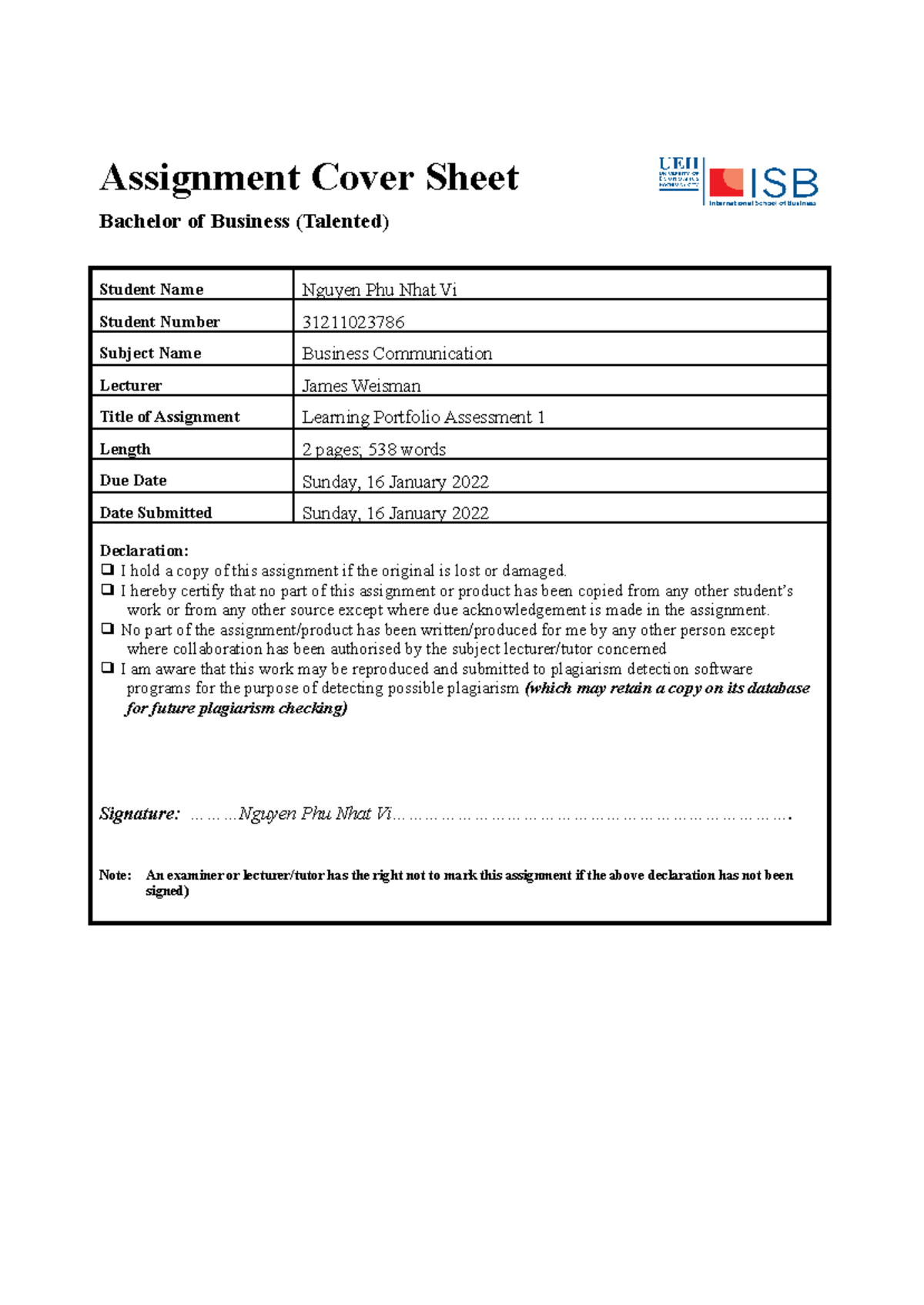 Learning Porfolio 1 - Business Communication - Assignment Cover Sheet ...