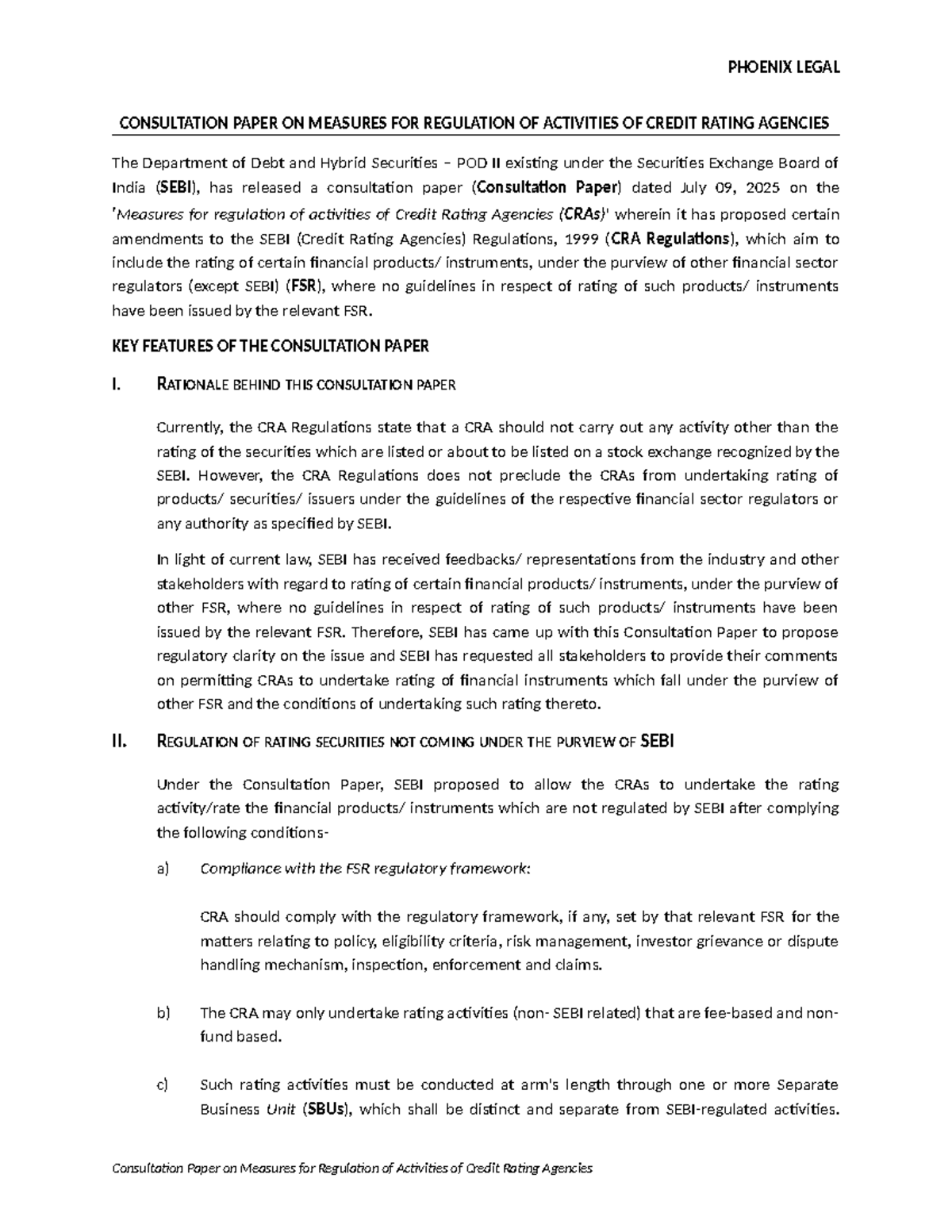 PHOENIX LEGAL UPDATE: SEBI Consultation Paper on CRA Regulation - Studocu