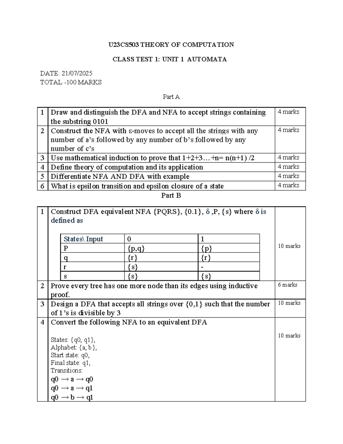 U23CS503 Theory of Computation Class Test 1: Unit 1 Automata - Studocu