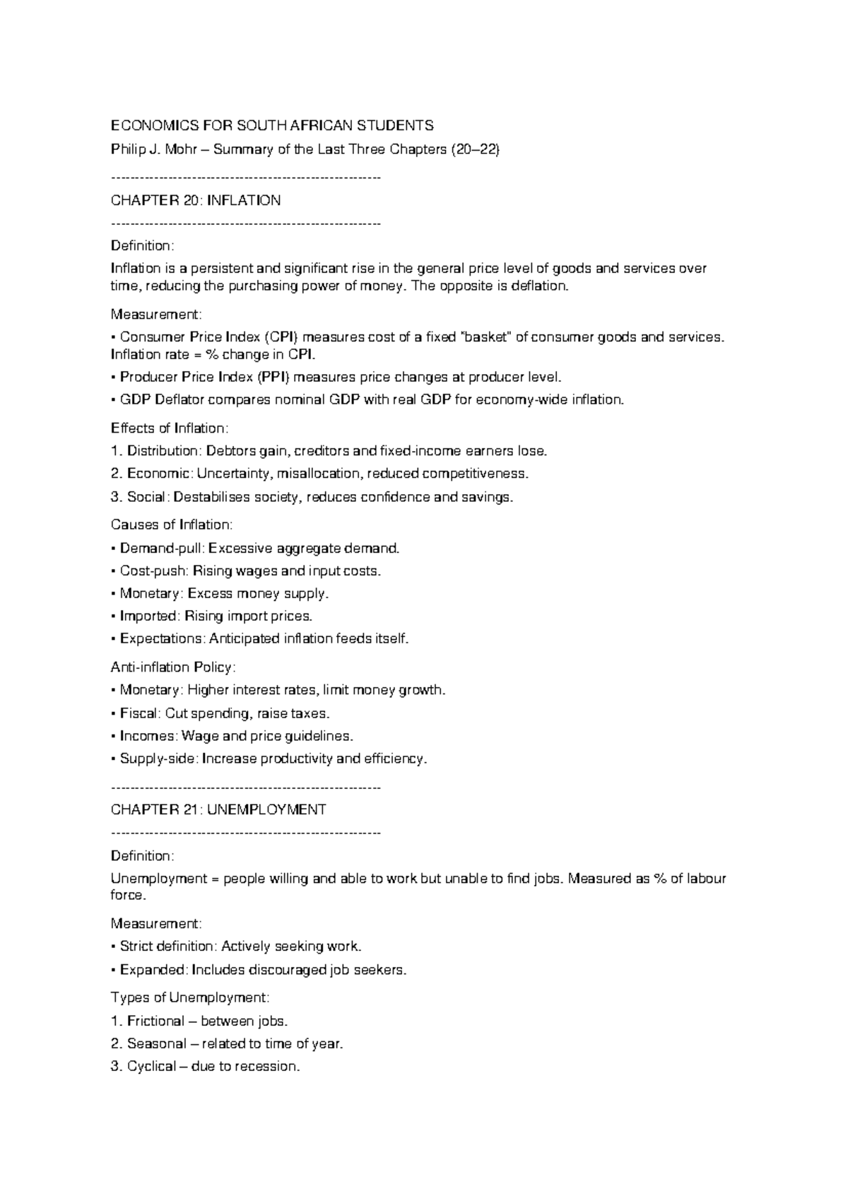 ECON 1B: Summaries of Chapters 20-22 on Inflation, Unemployment, and ...