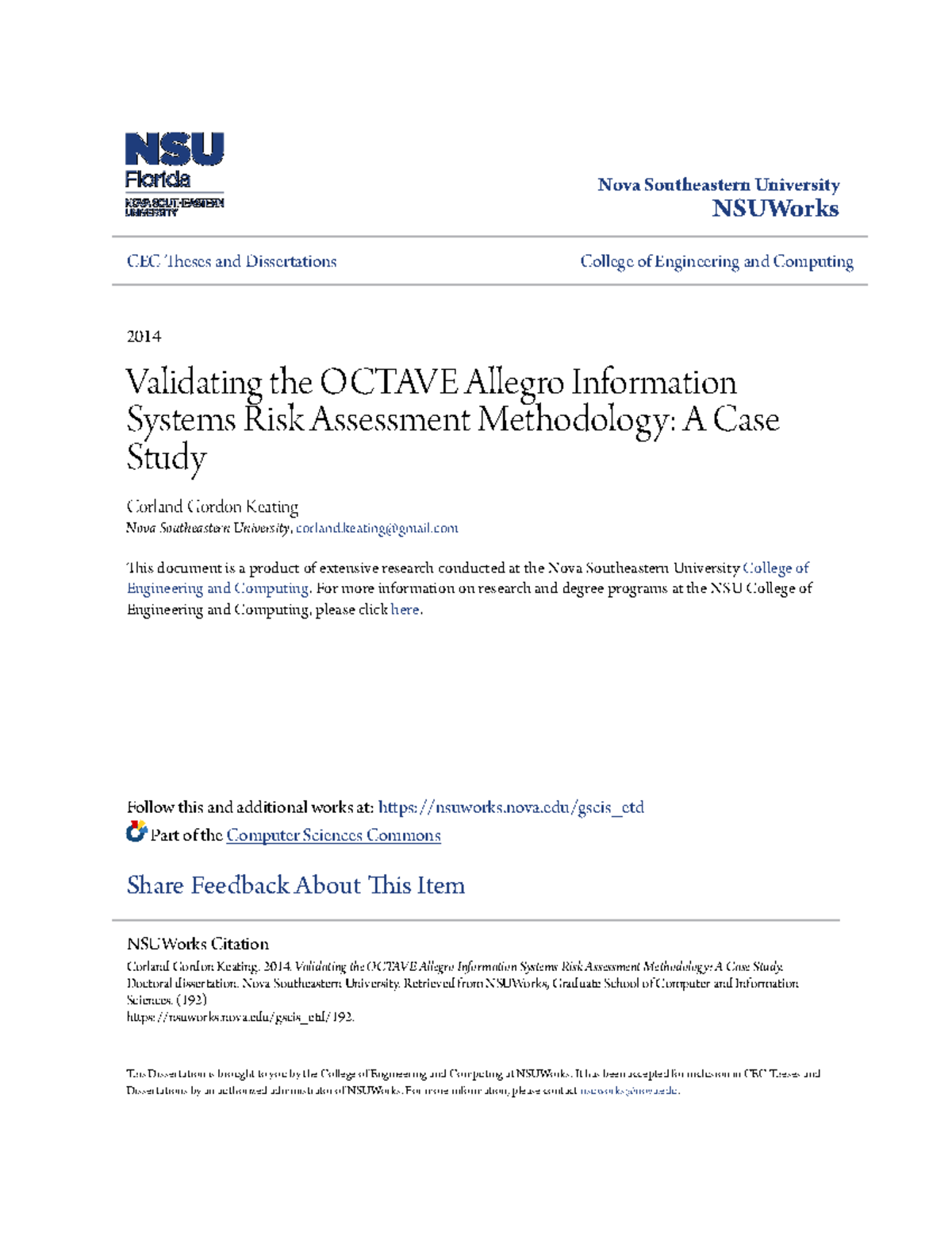 Validating the OCTAVE Allegro IS Risk Assessment Methodology: A Case ...