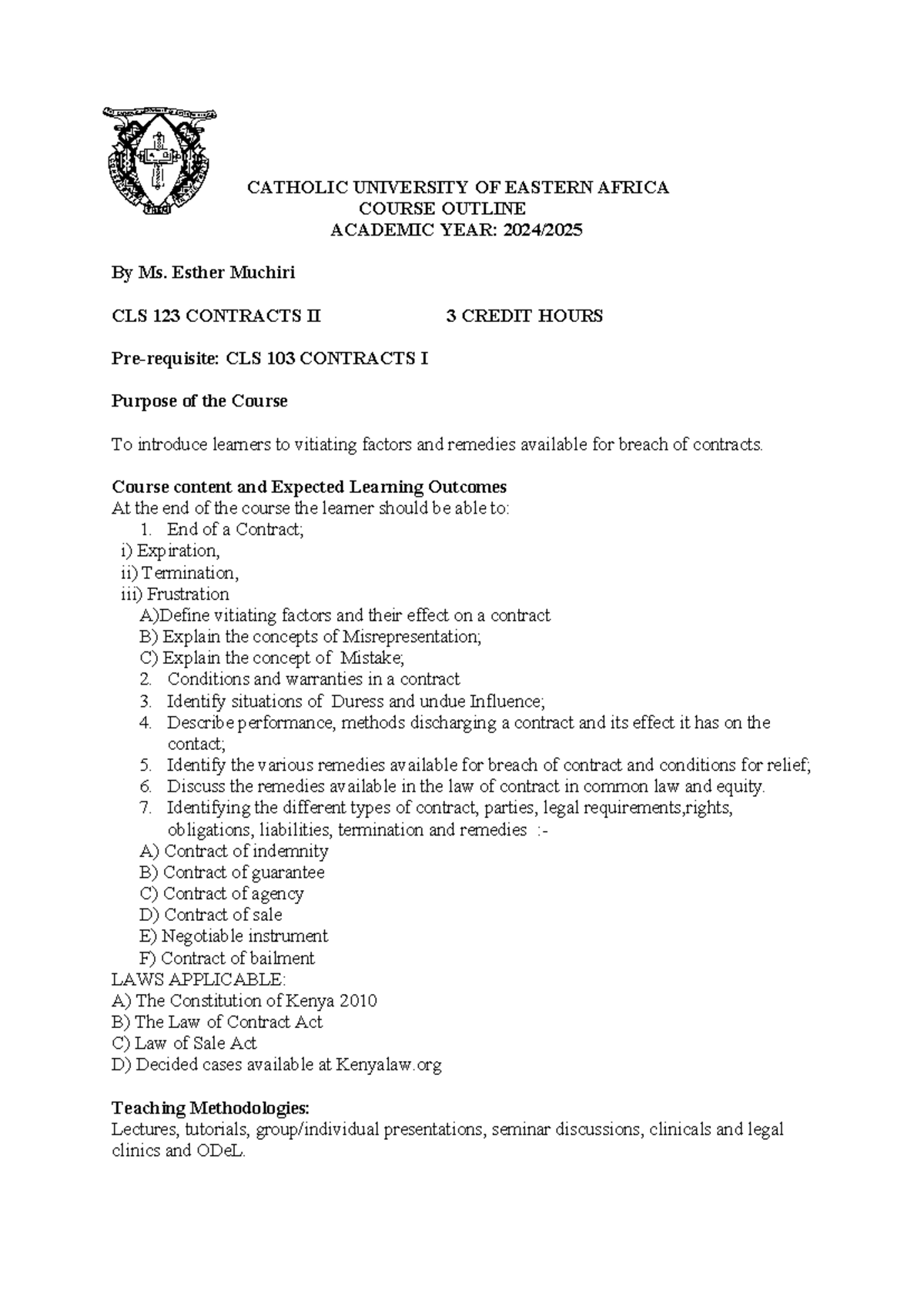 CLS 123 Course Outline Ms. Muchiri - CATHOLIC UNIVERSITY OF EASTERN ...