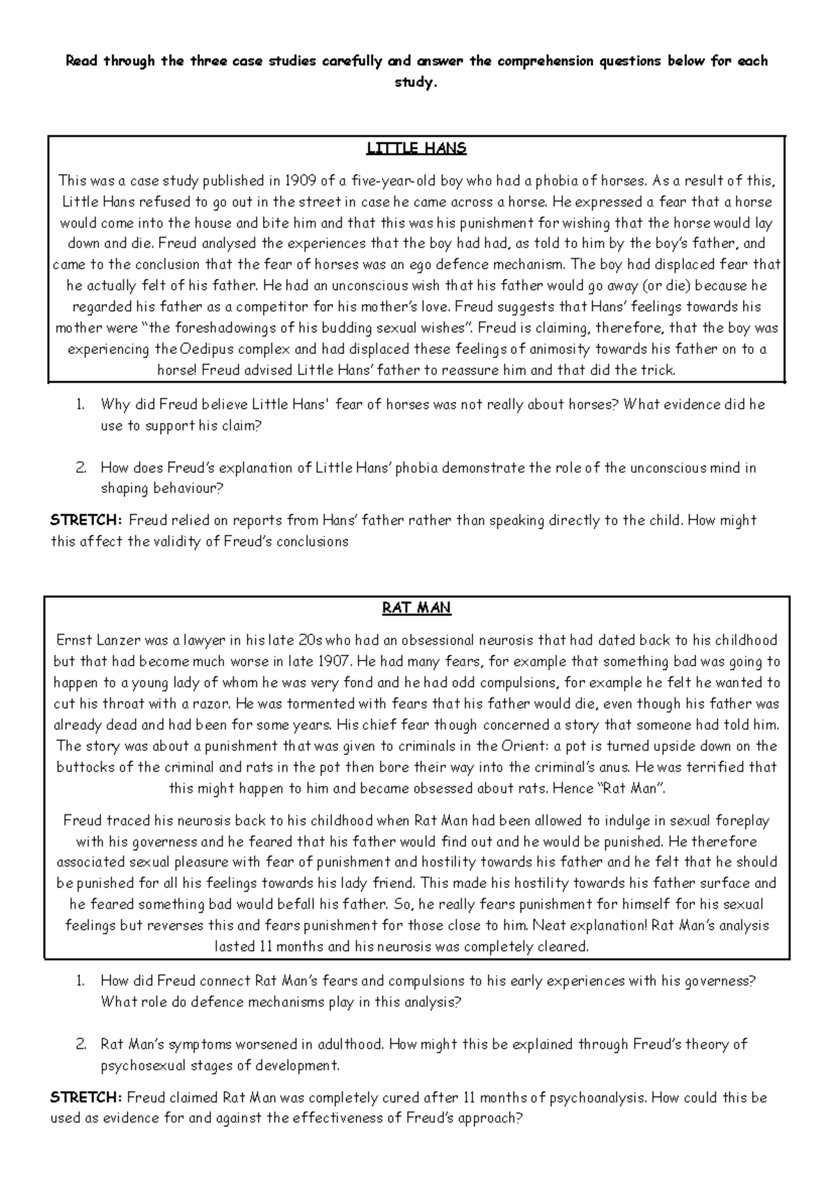 Psychodynamic Case Studies Analysis: Little Hans & Rat Man - Studocu