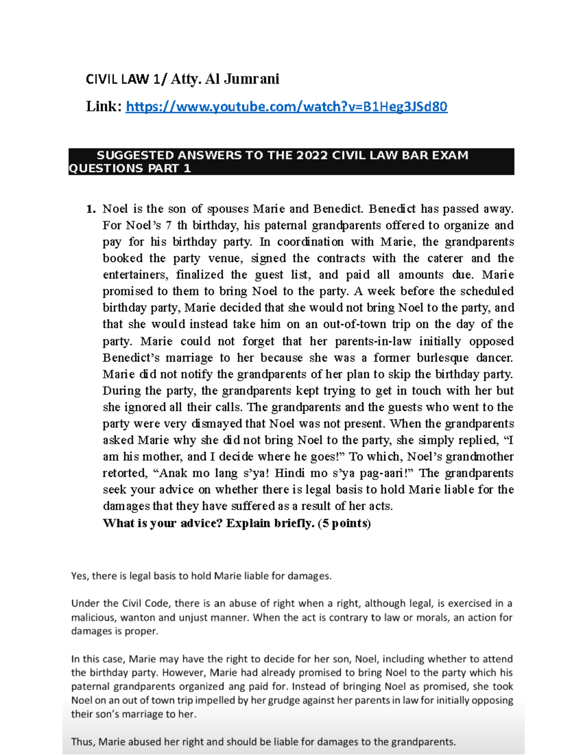 Suggested Answers for the 2022 Civil Law Bar Exam Questions Part 1 ...