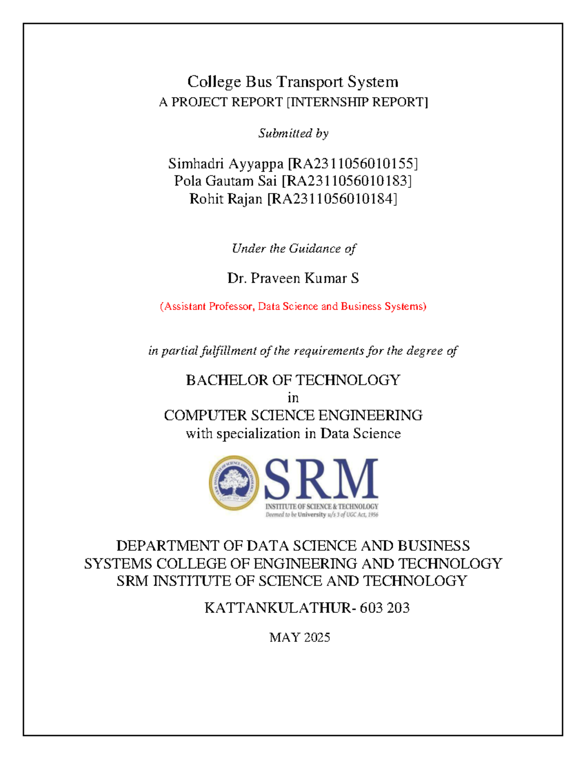 DBMS Project Report: College Bus Transport System (21CSC205P) - Studocu