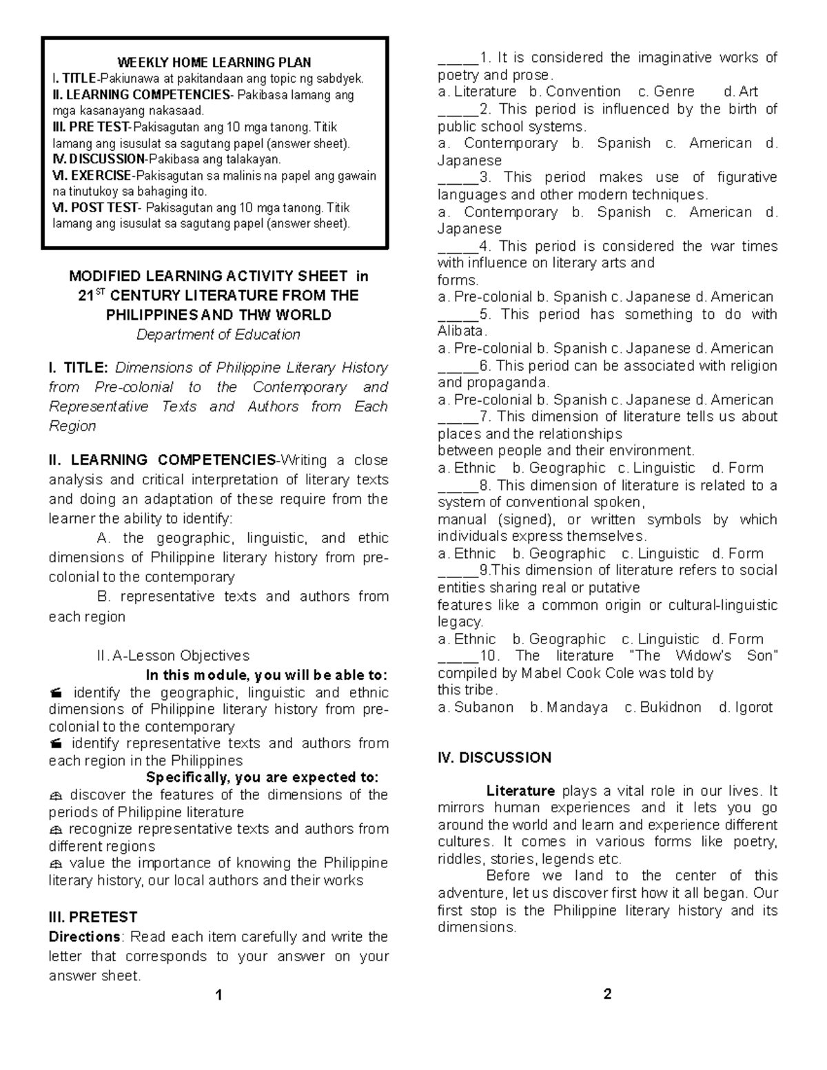 21st Century LAS Weeks 23 - MODIFIED LEARNING ACTIVITY SHEET in 21 ST ...