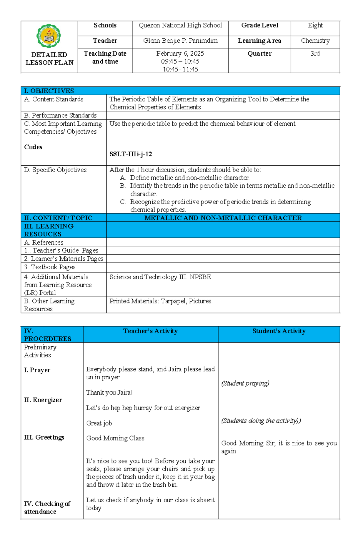 Chemistry Lesson Plan: Metallic and Non-Metallic Elements (Grade 8 ...