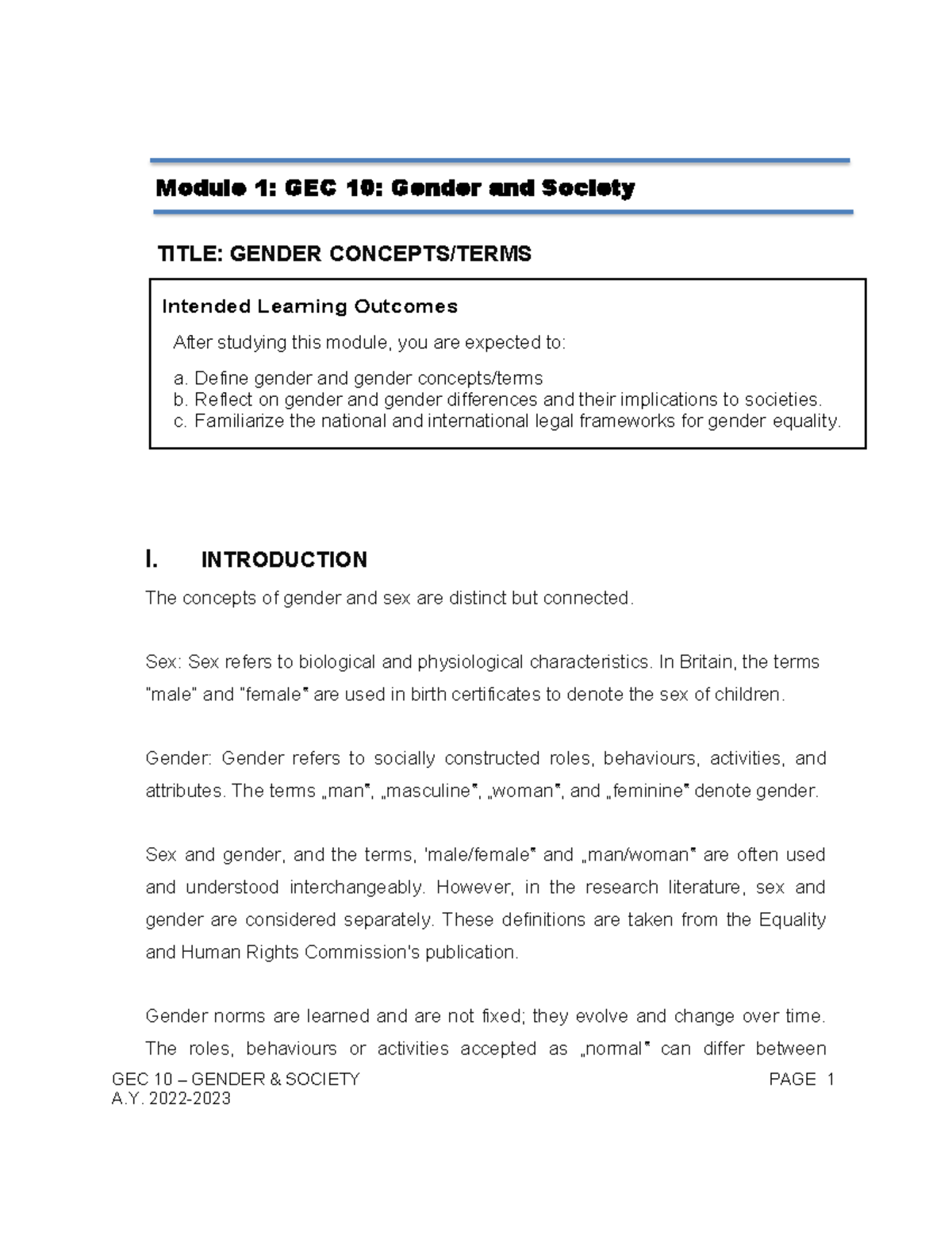 GEC 10: Gender Concepts and Society Introduction & Key Terms - Studocu