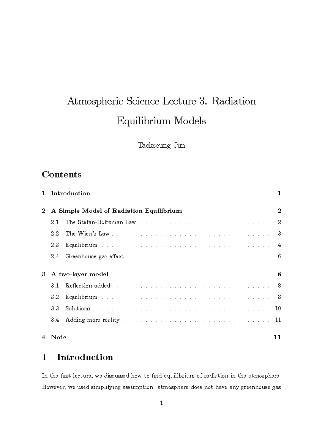 Atmospheric Science Lecture 3: Radiation Equilibrium Models (AS102 ...