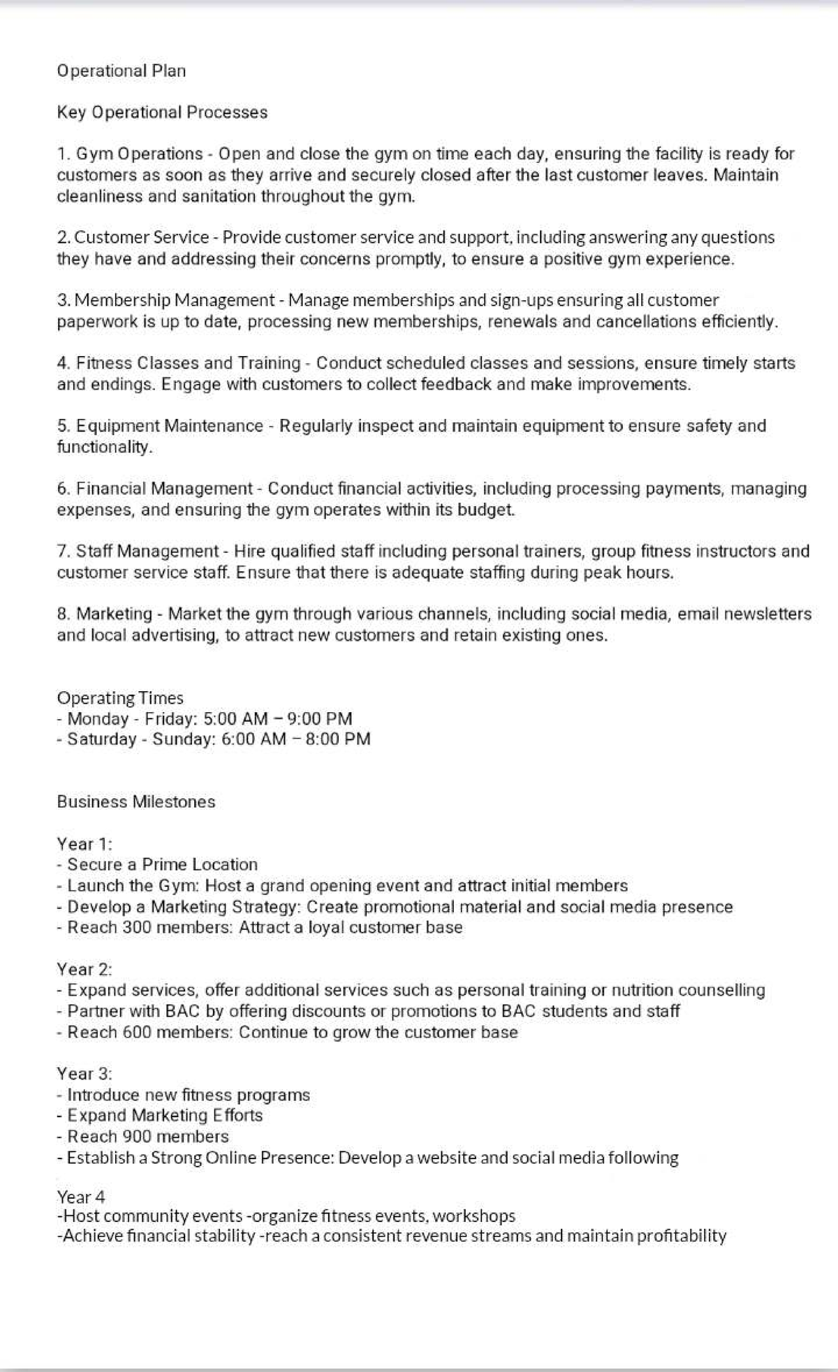 Operational Plan: Key Processes for Gym Management - Studocu