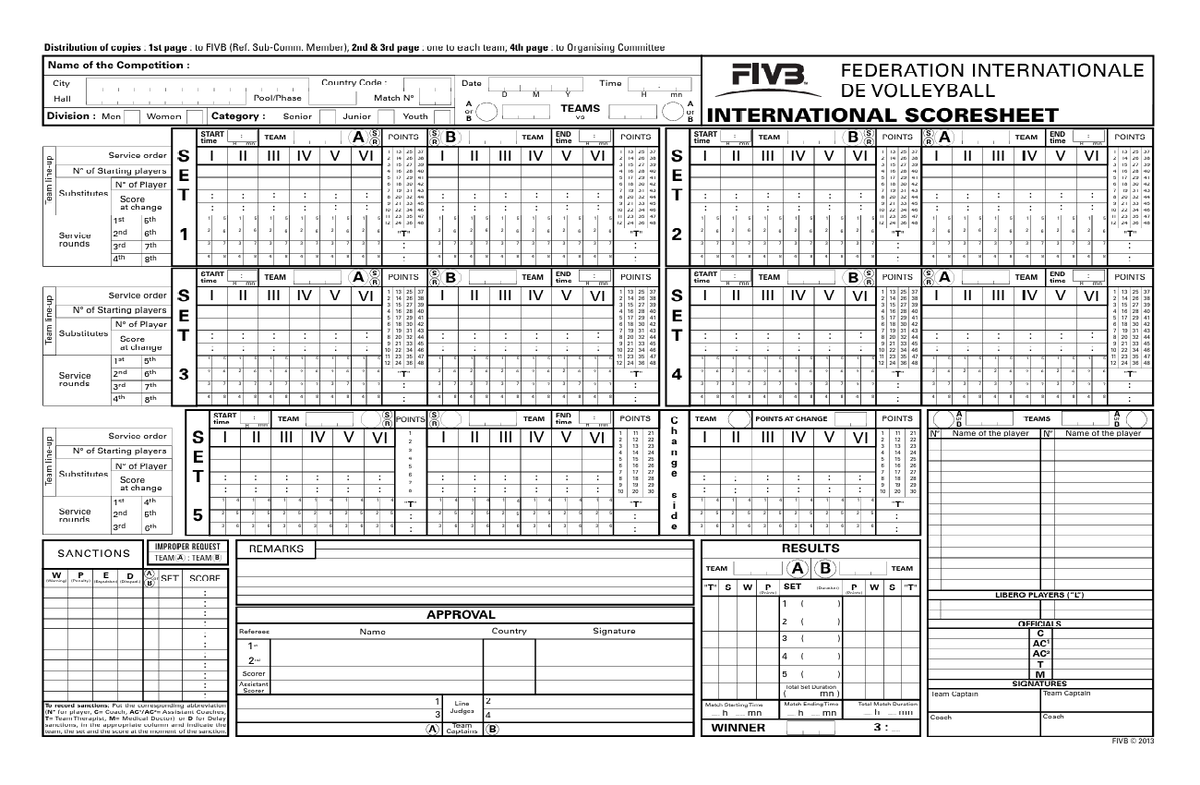 5 Sets Scoresheet for FIVB Volleyball Competition - Studocu