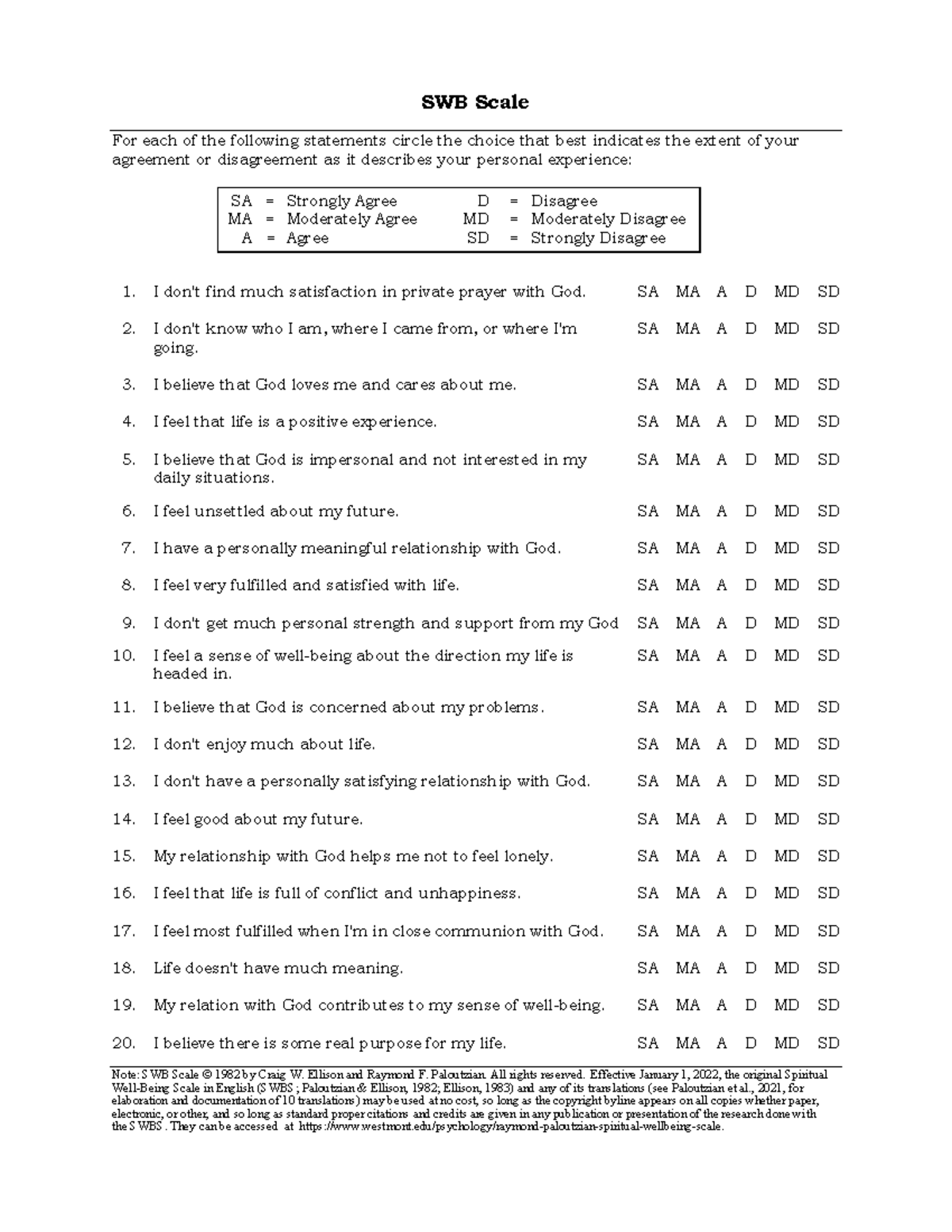 SWB Scale: Personal Spiritual Well-Being Assessment - Studocu
