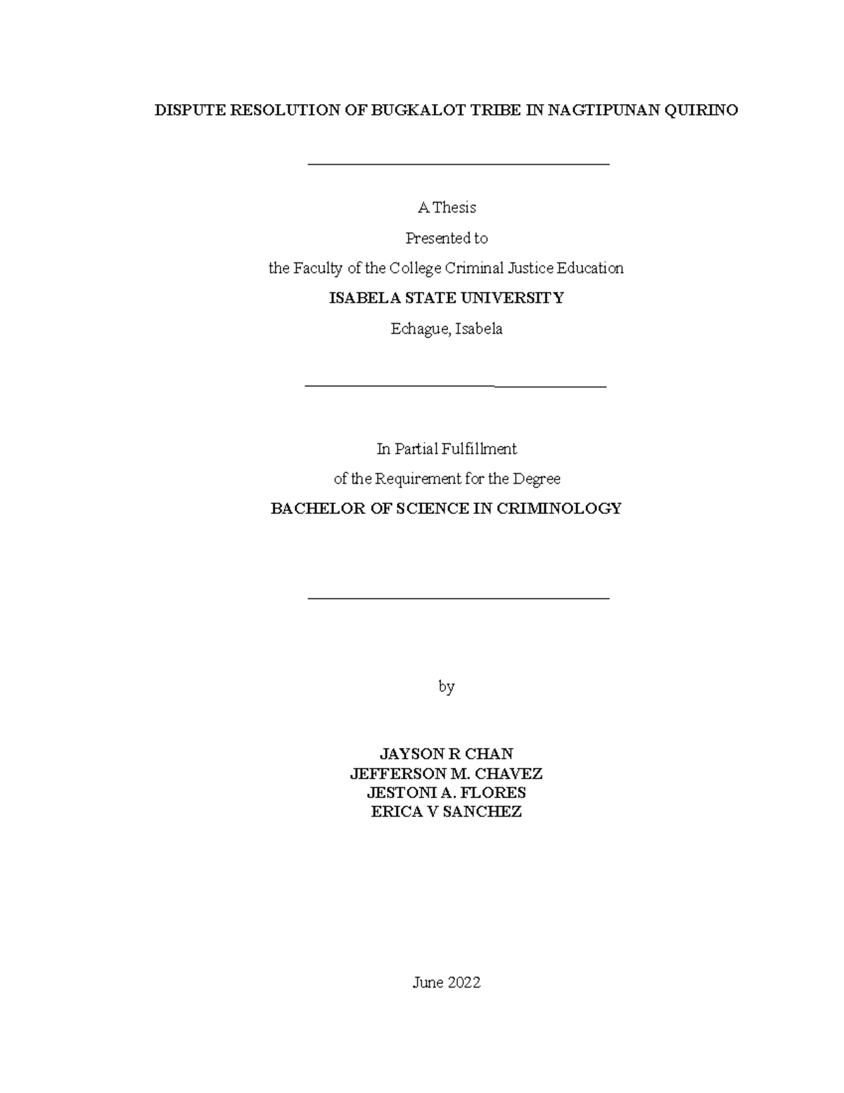 Thesis on Bugkalot Tribe Dispute Resolution | BSCriminology - Studocu