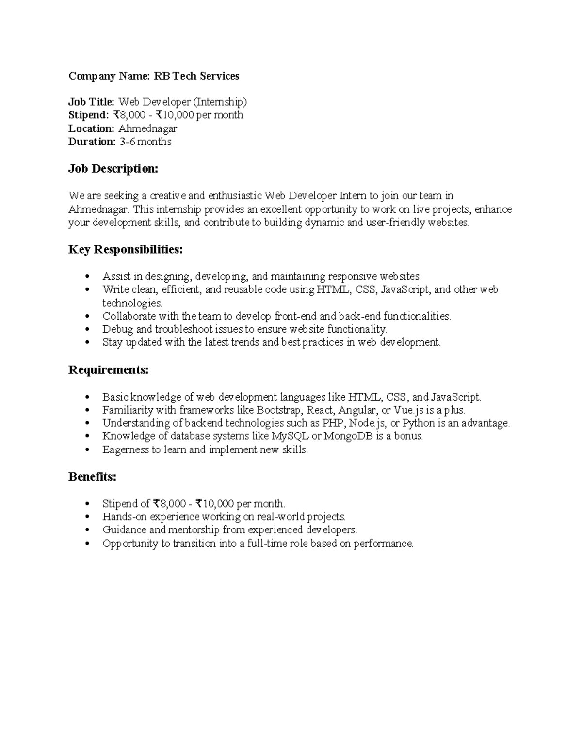 Web Developer JD - It is an the Essays work - Company Name: RB Tech ...