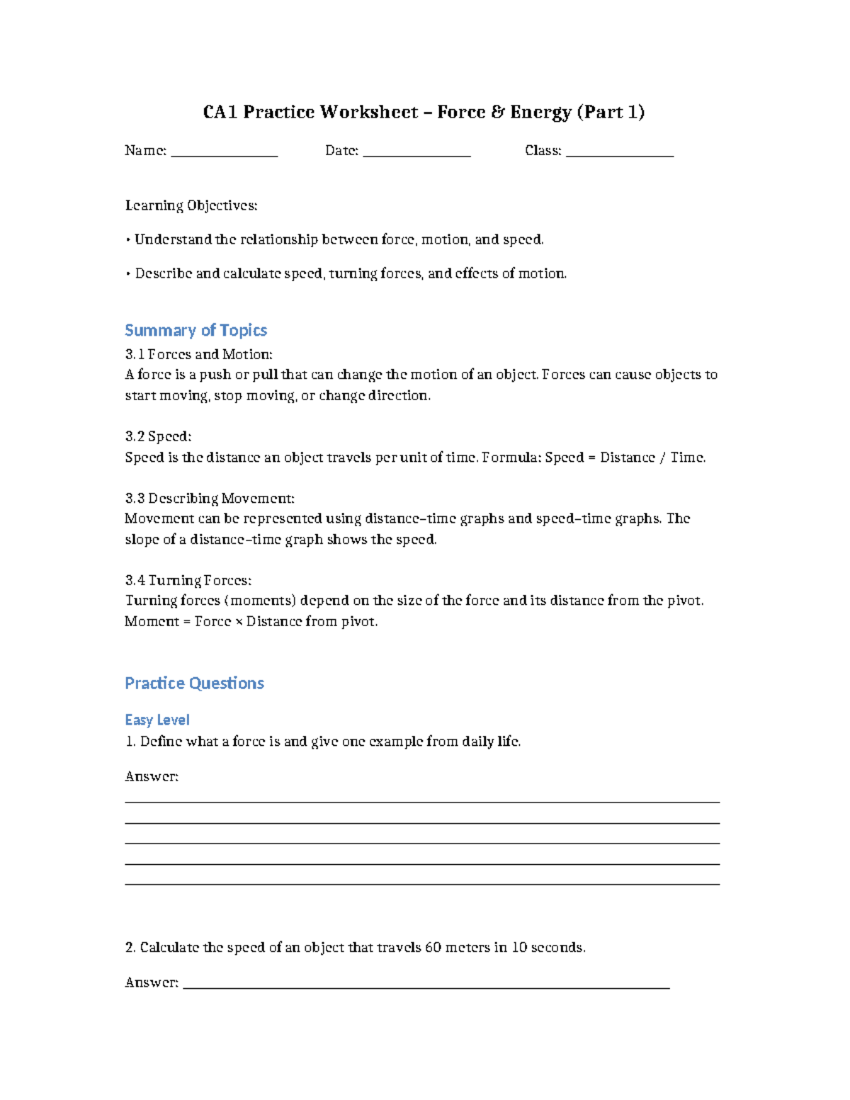 CA1 Practice Worksheet: Force & Energy Concepts (Part 1) - Studocu