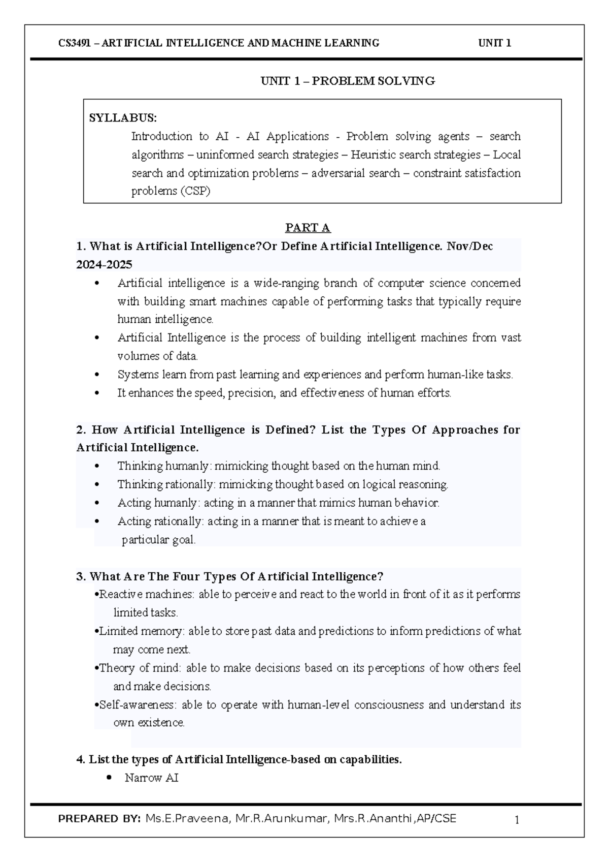 CS3491 ARTIFICIAL INTELLIGENCE AND MACHINE LEARNING UNIT 1 NOTES - Studocu