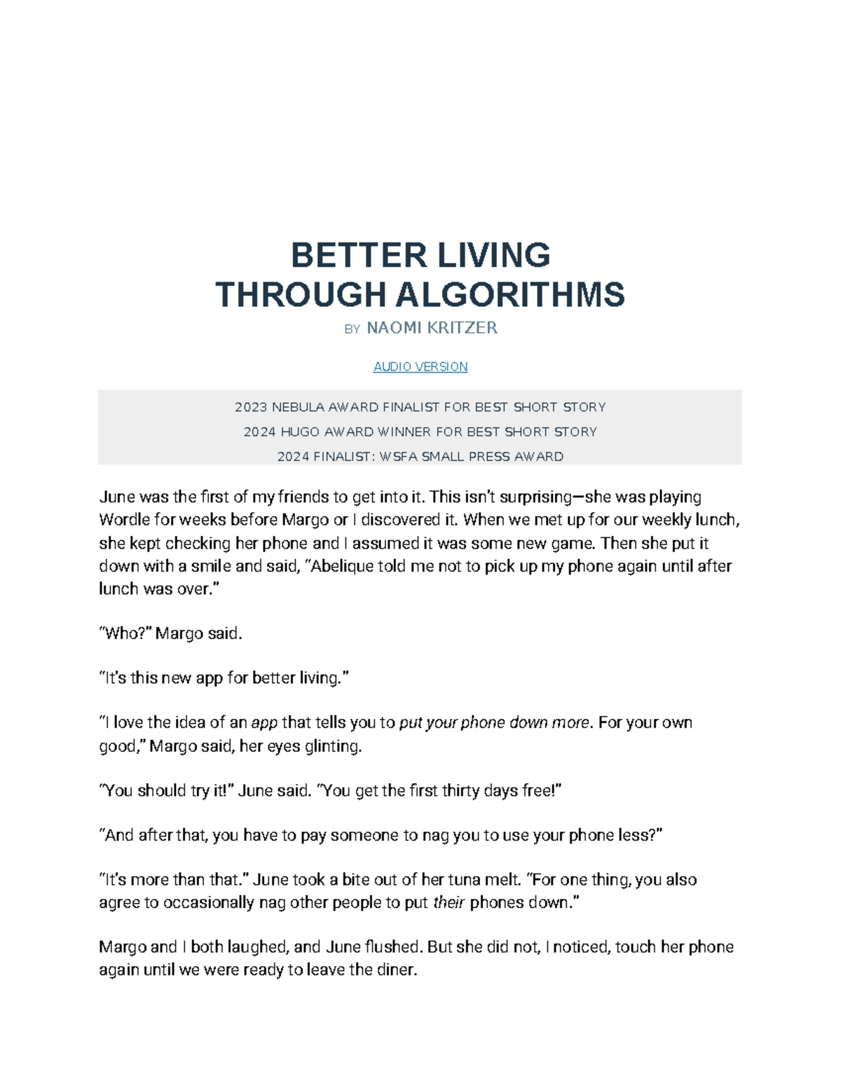 BETTER LIVING THROUGH ALGORITHMS: A NEBULA & HUGO AWARD WINNER - Studocu