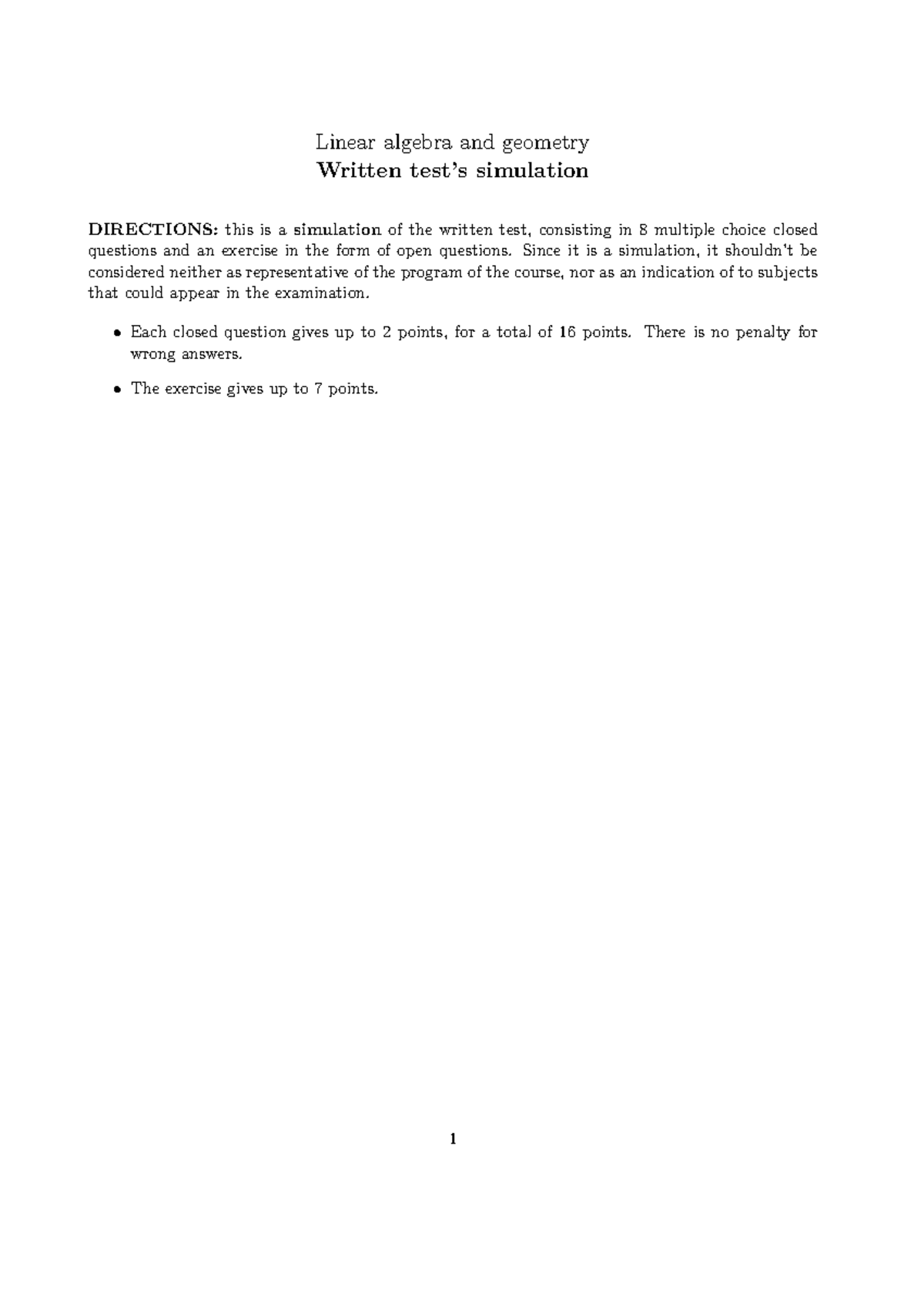 LAG 101: Linear Algebra & Geometry Simulation Practice Questions - Studocu