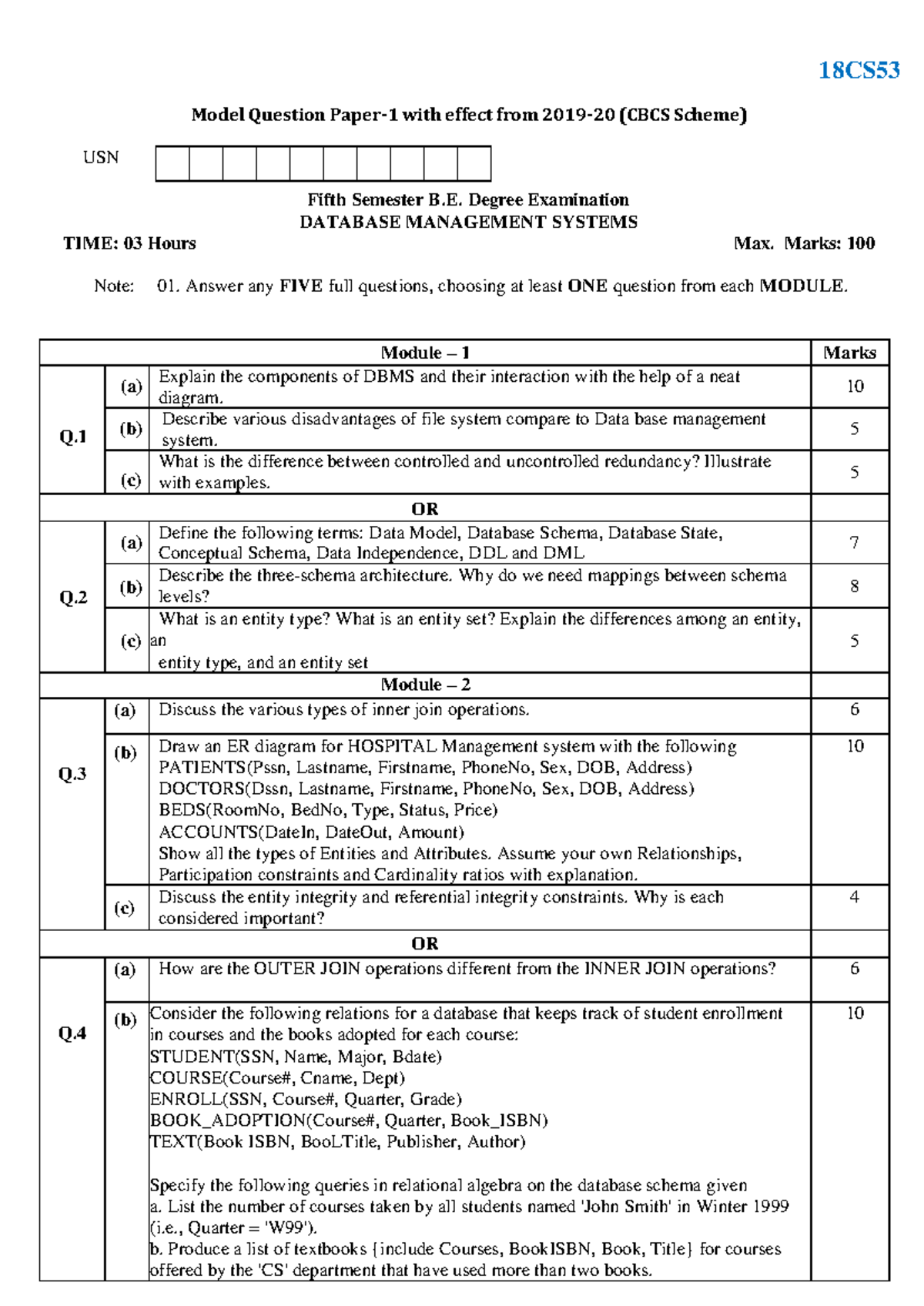 18IS53 - DBMS Question PAper - Model Question Paper-1 with effect from 2019-20 (CBCS Scheme) USN ...