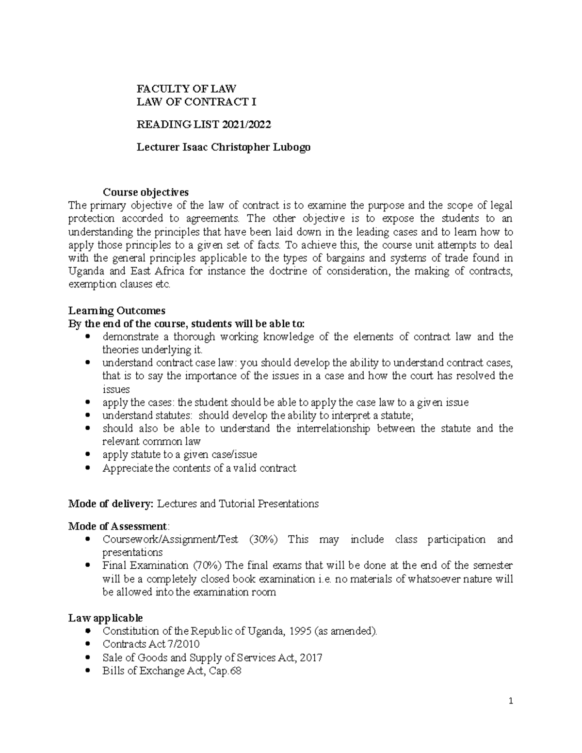 Contract I Reading List FC 2021 - Faculty of Law Overview - Studocu